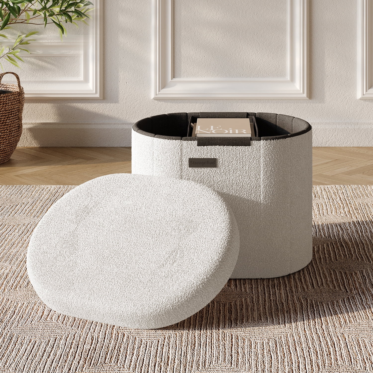 Hearth & Harbor Oval Storage Ottoman Bench, Boucle 18" Ottoman with ...