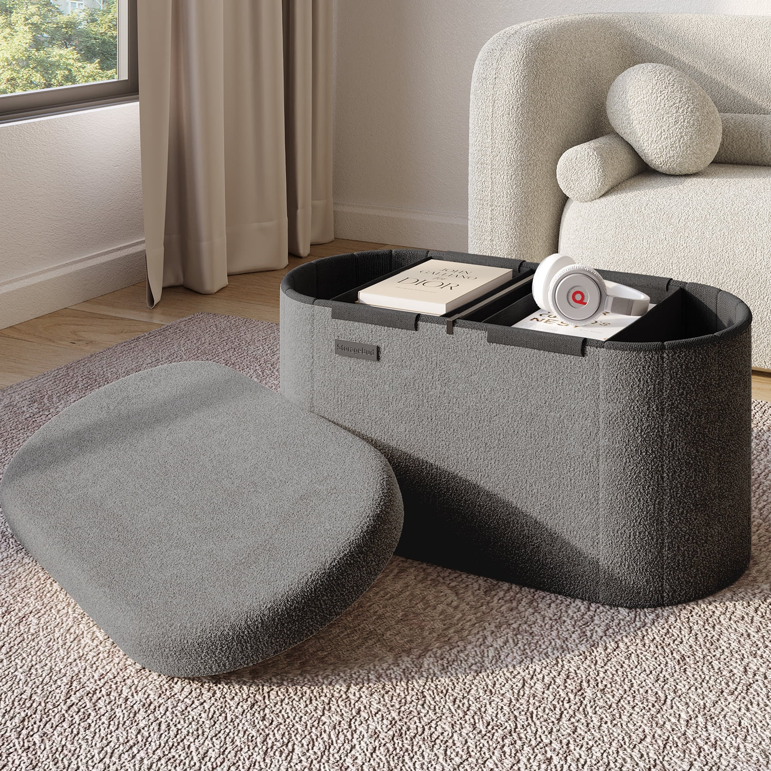 Hearth & Harbor Oval Storage Ottoman Bench, Boucle 30" Ottoman with ...