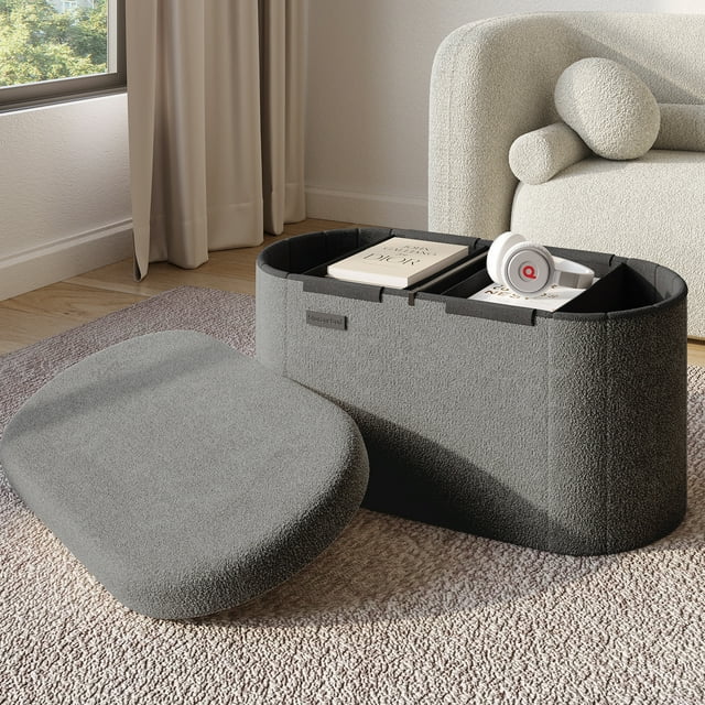 Hearth & Harbor Oval Storage Ottoman Bench, Boucle 30" Ottoman with ...