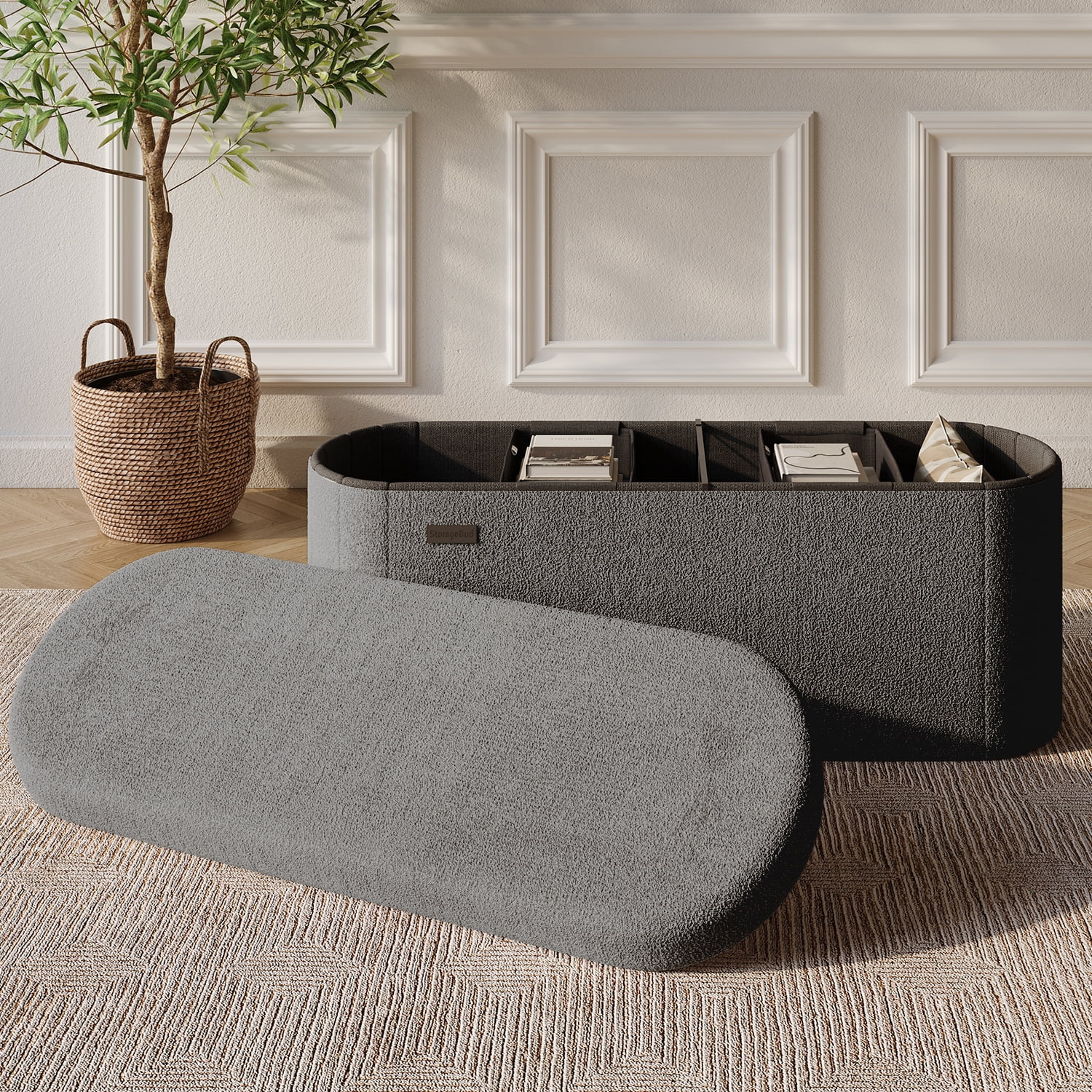 Hearth & Harbor Oval Storage Ottoman Bench, Boucle 43" Ottoman with ...