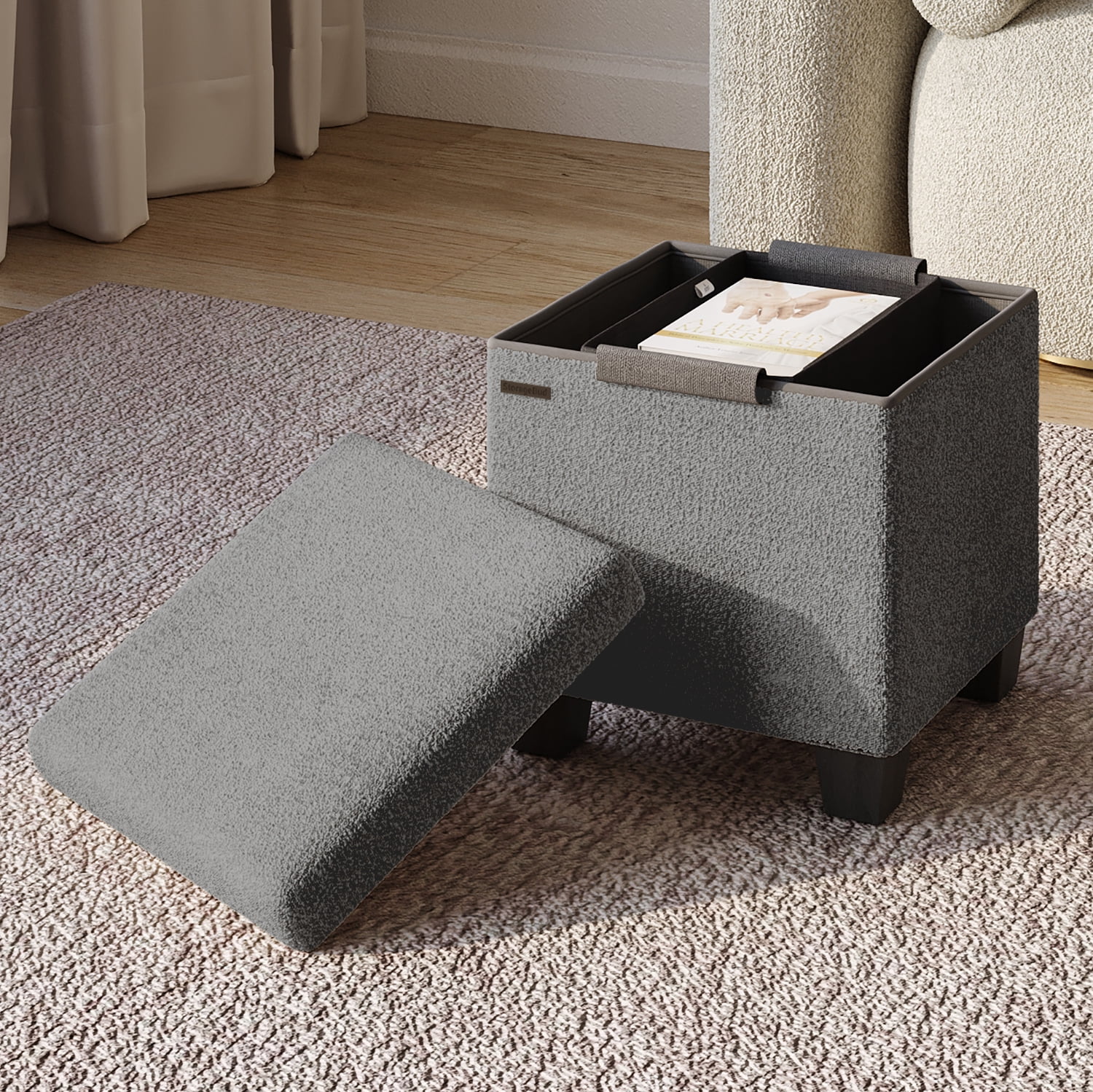 Hearth & Harbor Storage Ottoman Bench, Boucle 15" Ottoman with Storage ...