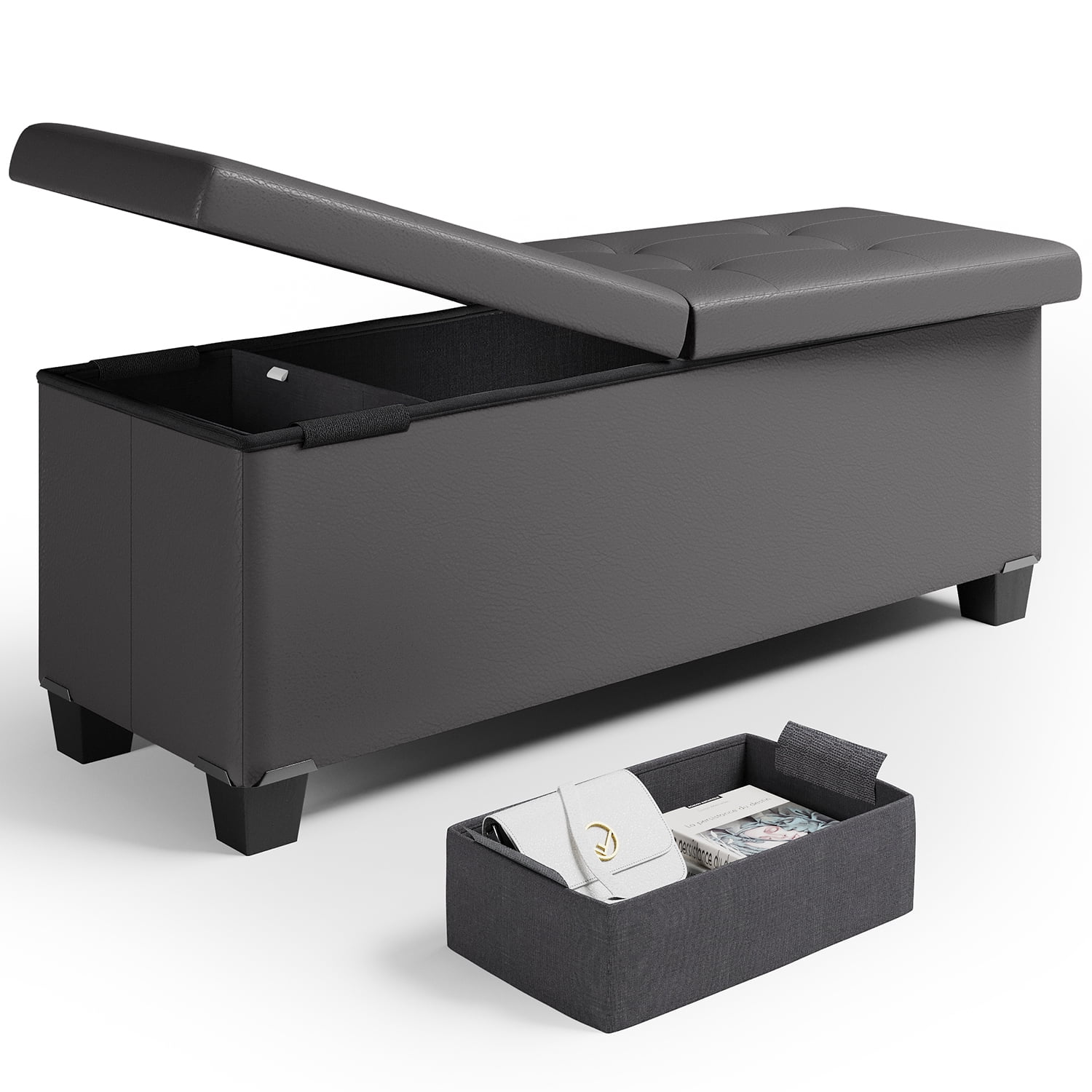 "Hearth & Harbor Modern Gray Linen Storage Ottoman Bench, 45"" Bedroom ...