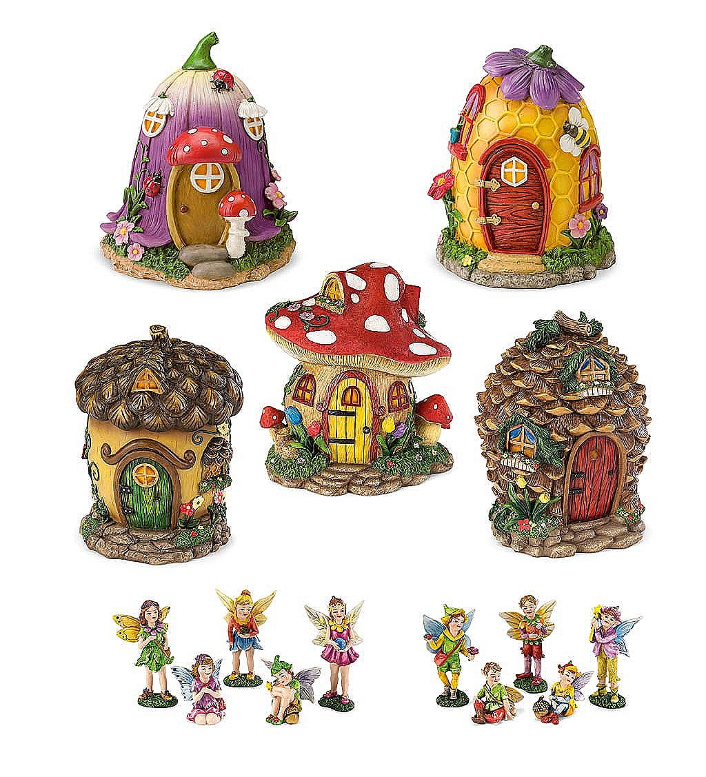 HearthSong Fairy Village Set with Five Decorative Resin Houses and 10 ...