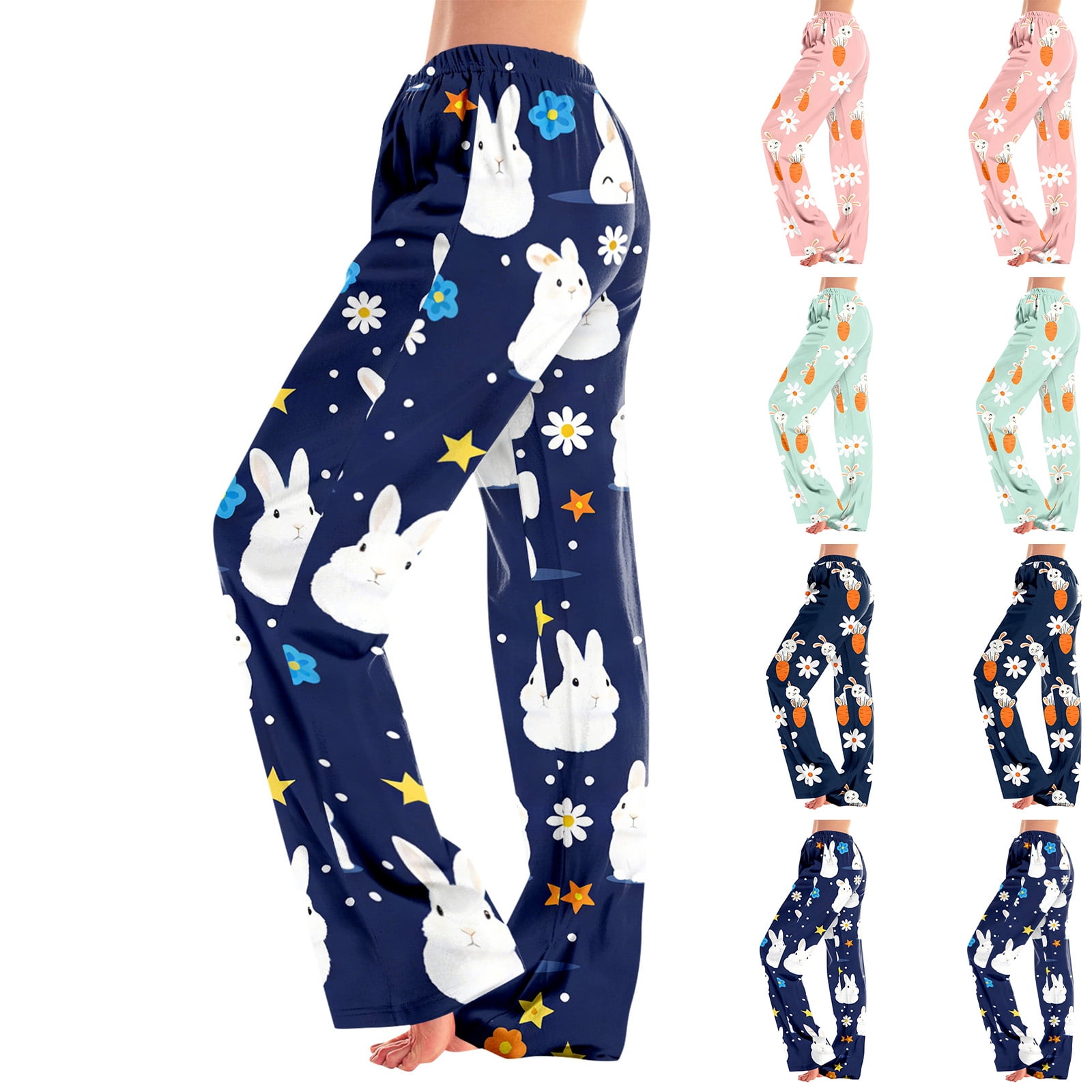 Hearthz Easter Pajama Pants Woman Cute Rabbit Bunny Print Wide Leg ...