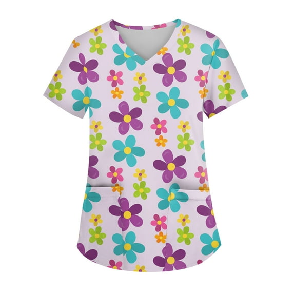 Hearthz Easter Scrubs for Women Tops Bunny Egg Hunt Print V Neck Short ...