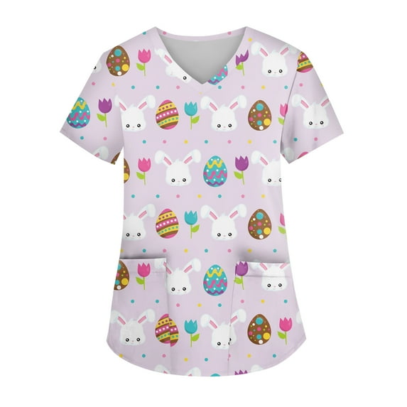 Hearthz Easter Women Scrubs Top Bunny Egg Hunt Print V Neck Short ...