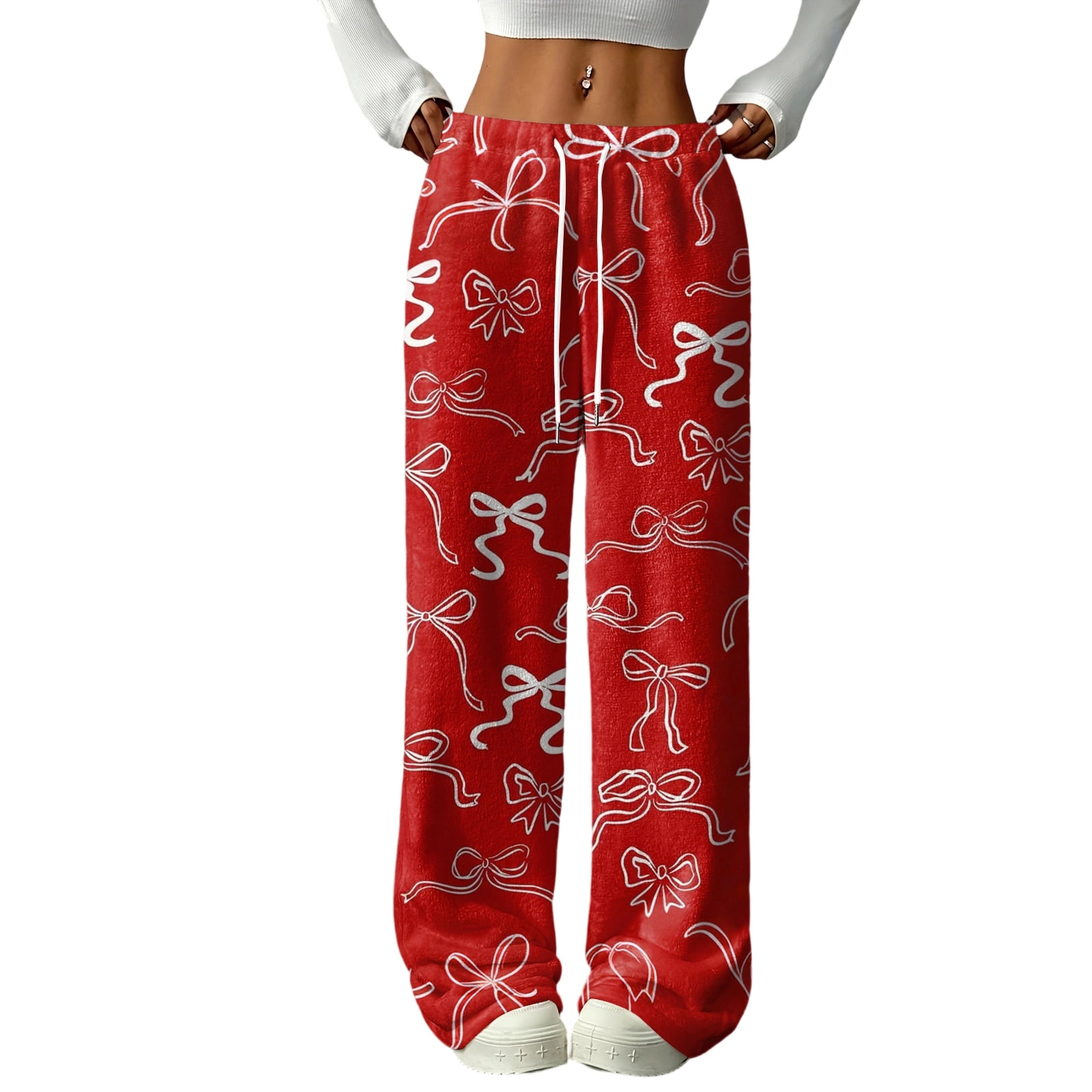Hearthz Fleece Pajama Pants Bow Fluffy Fleece Elastic Waist Wide Leg ...