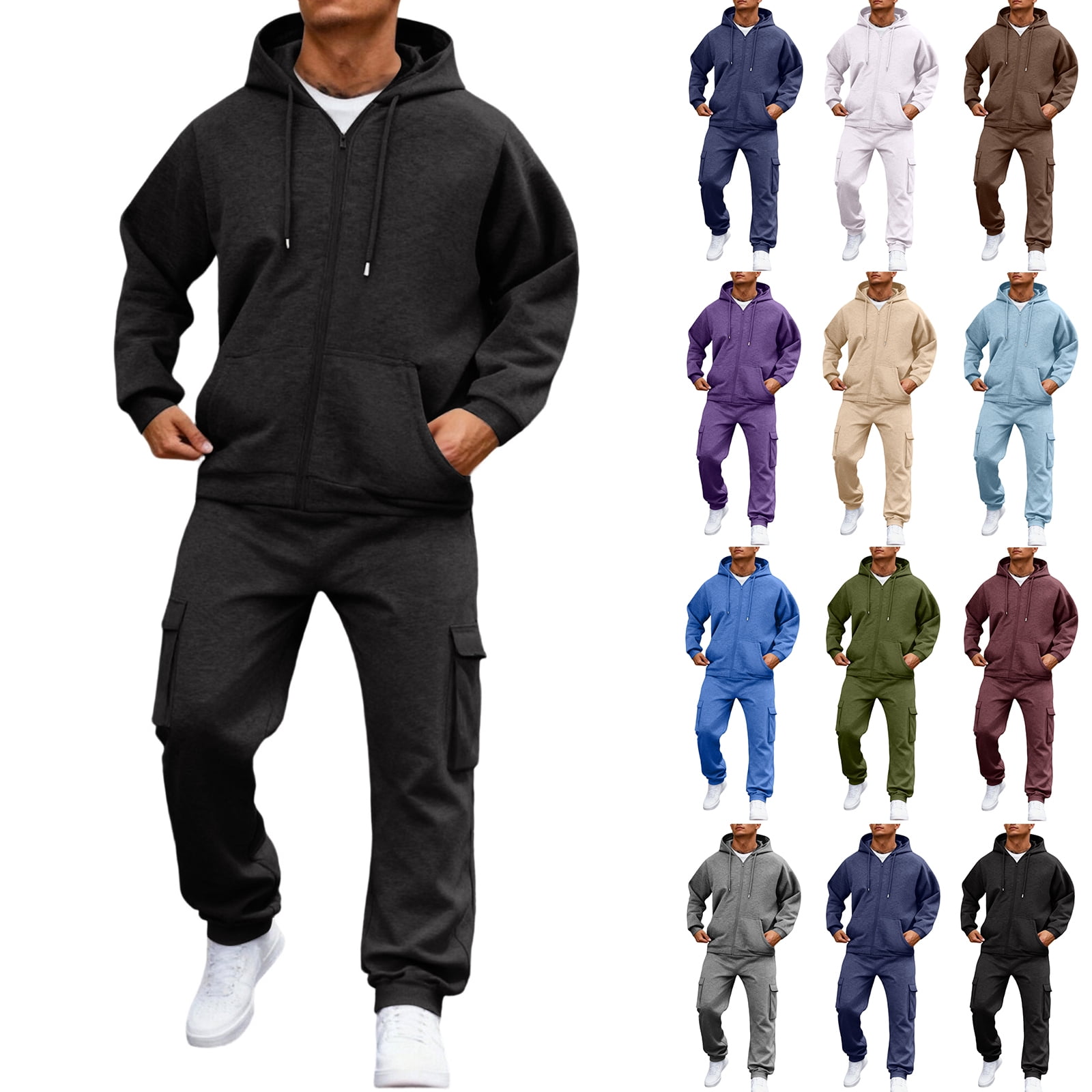 Hearthz Mens 2 Piece Sweatsuits Sets Zip Up Fleece Hoodie Baggy Jogger ...