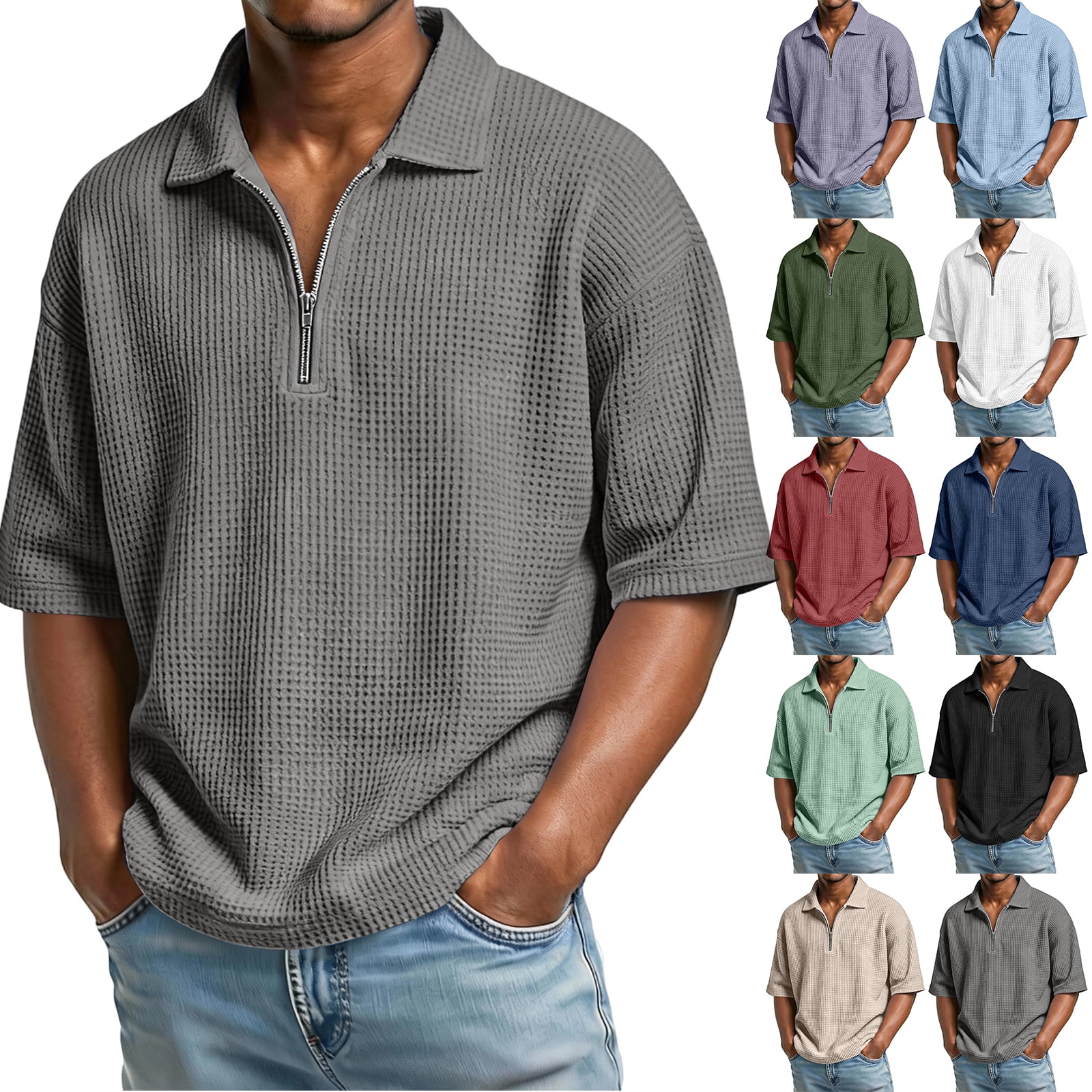 Hearthz Mens Waffle Polo Shirts 3/4 Zip Pullover Mens Collared Polo ...