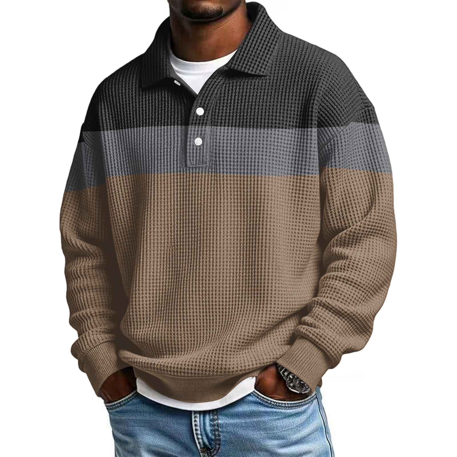 Hearthz Mens Waffle Polo Shirts Quarter Button Collared Men's Long ...