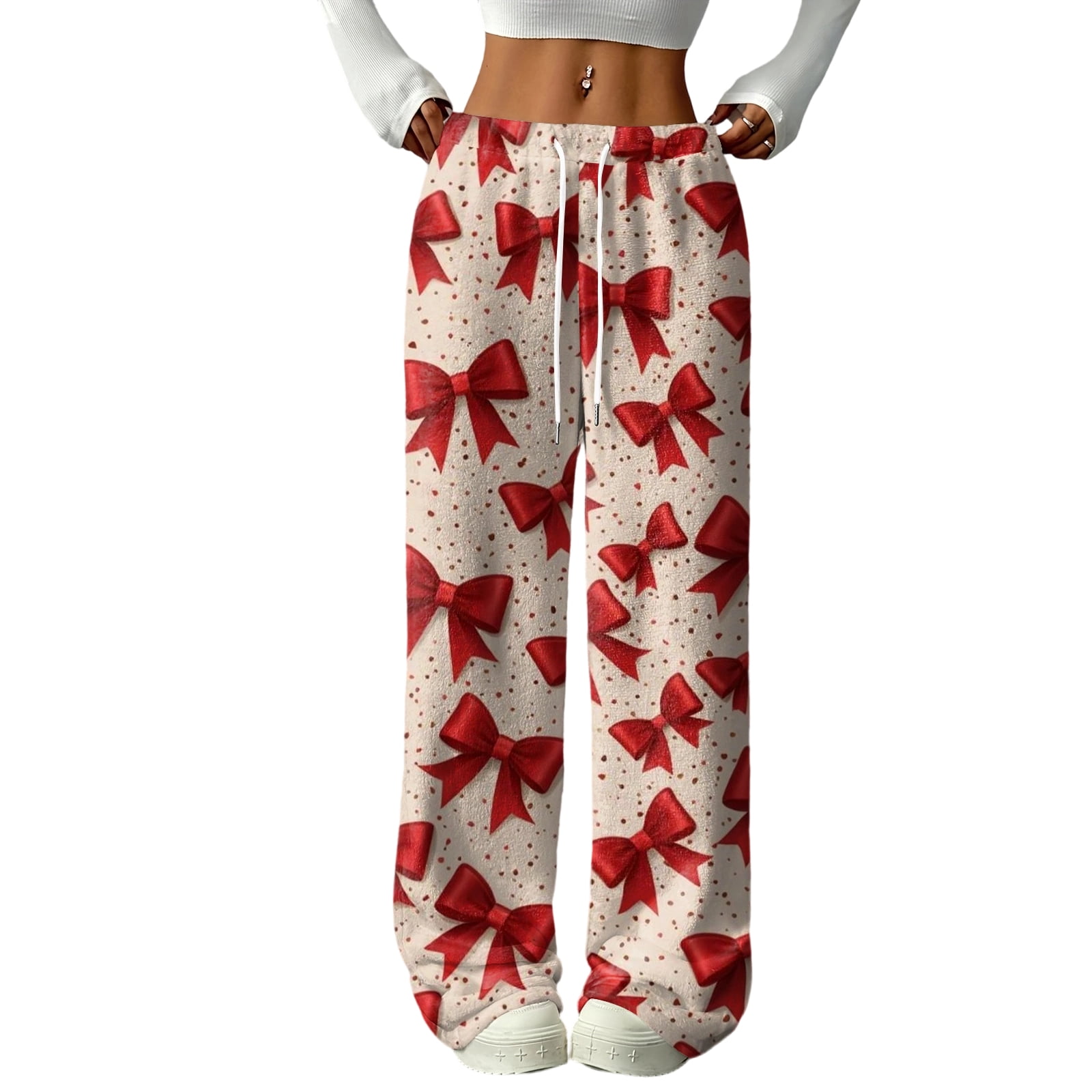 Hearthz Plush Pajama Pants Women Bow Winter Fuzzy Elastic Waist Wide ...