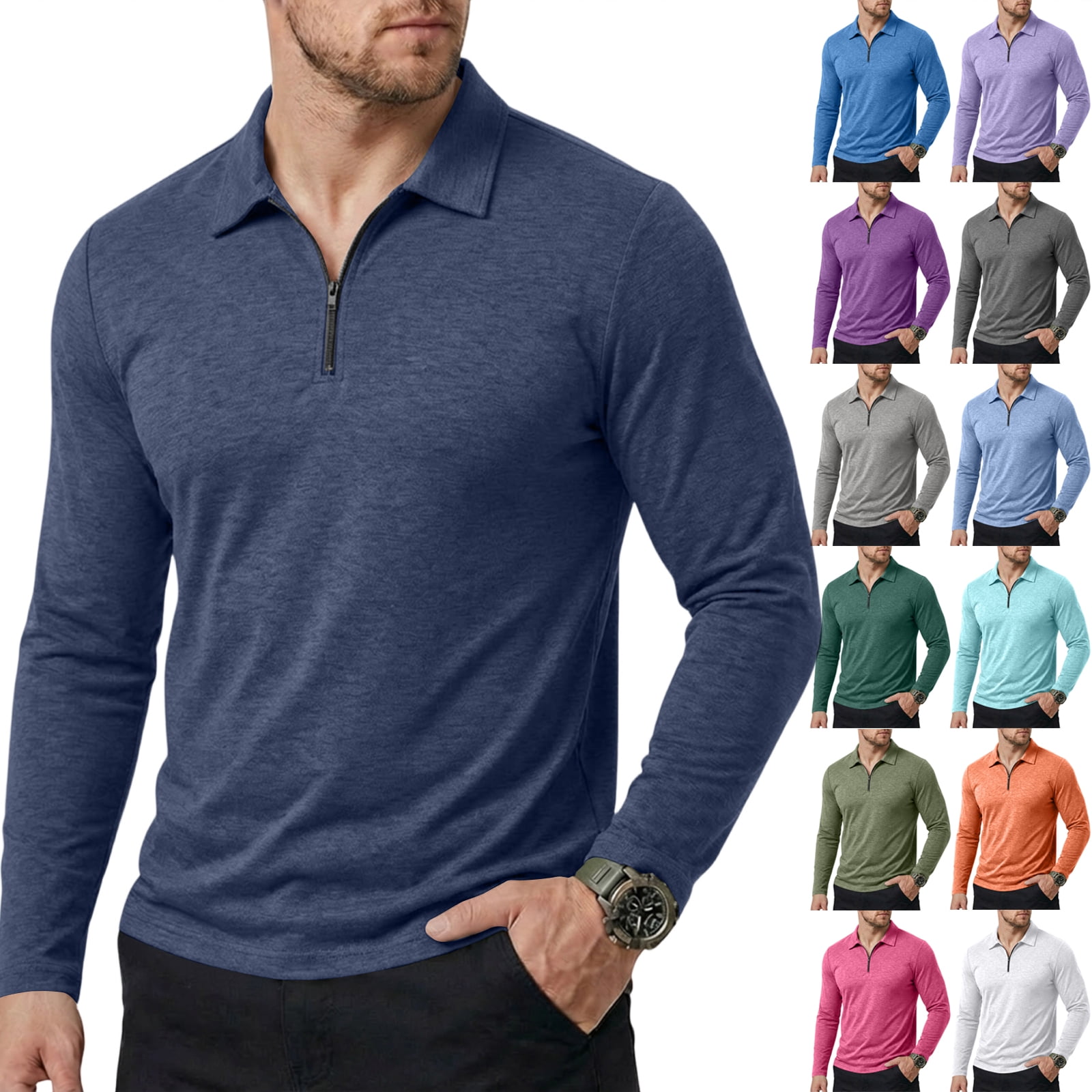Hearthz Polo Shirt for Men Quarter Zip Long Sleeve Work Shirts for Men ...