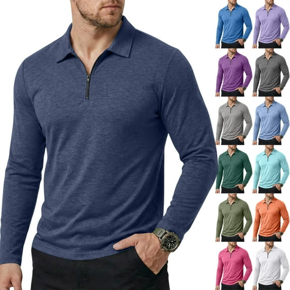 Hearthz Polo Shirts for Men Quarter Zip Cotton Long Sleeve Shirt Men ...