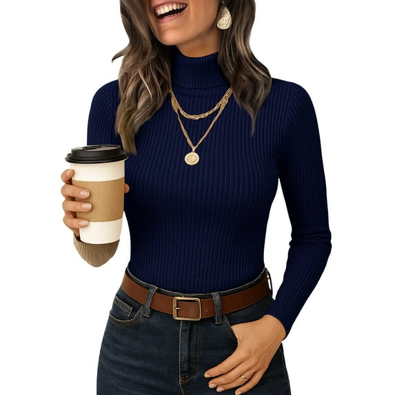 Hearthz Ribbed Women Sweater Turtleneck Fitted Mock Neck Womens Long ...