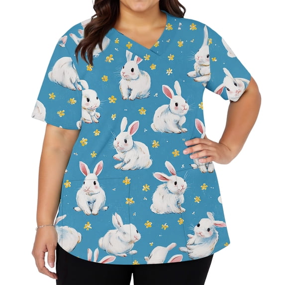 Hearthz S-5XL Easter Scrub Tops Women Bunny Colorful Eggs Print Scrubs ...