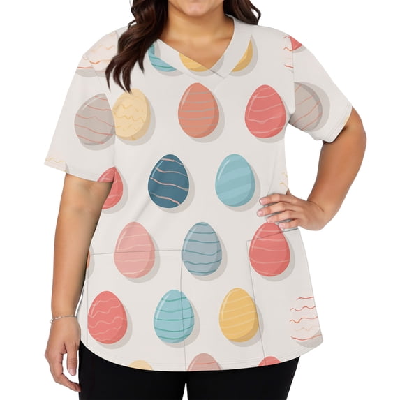Hearthz S-5XL Easter Scrubs Top for Women Bunny Egg Hunt Print Scrub ...