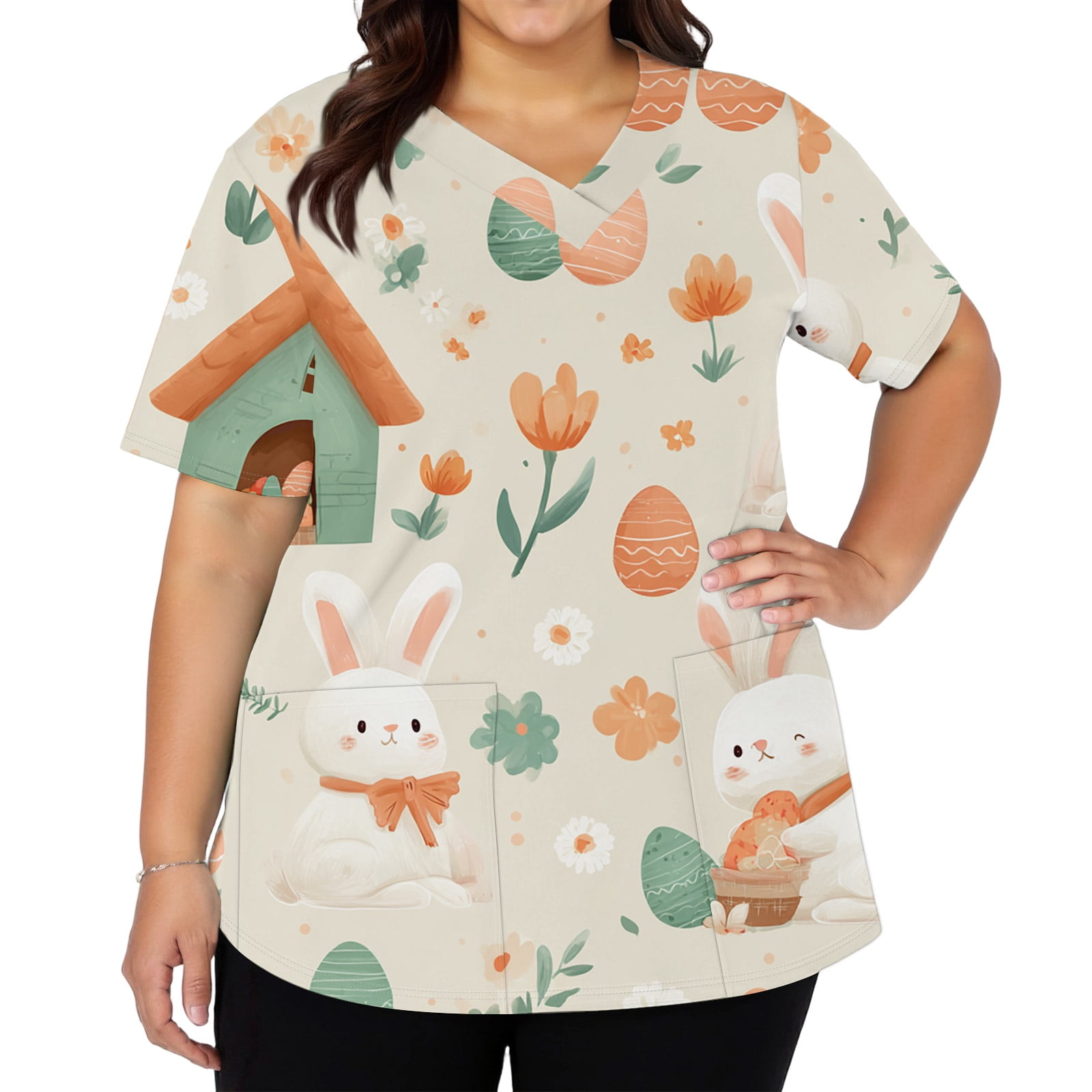 Hearthz S-5XL Easter Scrubs Tops Bunny Egg Hunt Print Scrubs Shirt Plus ...