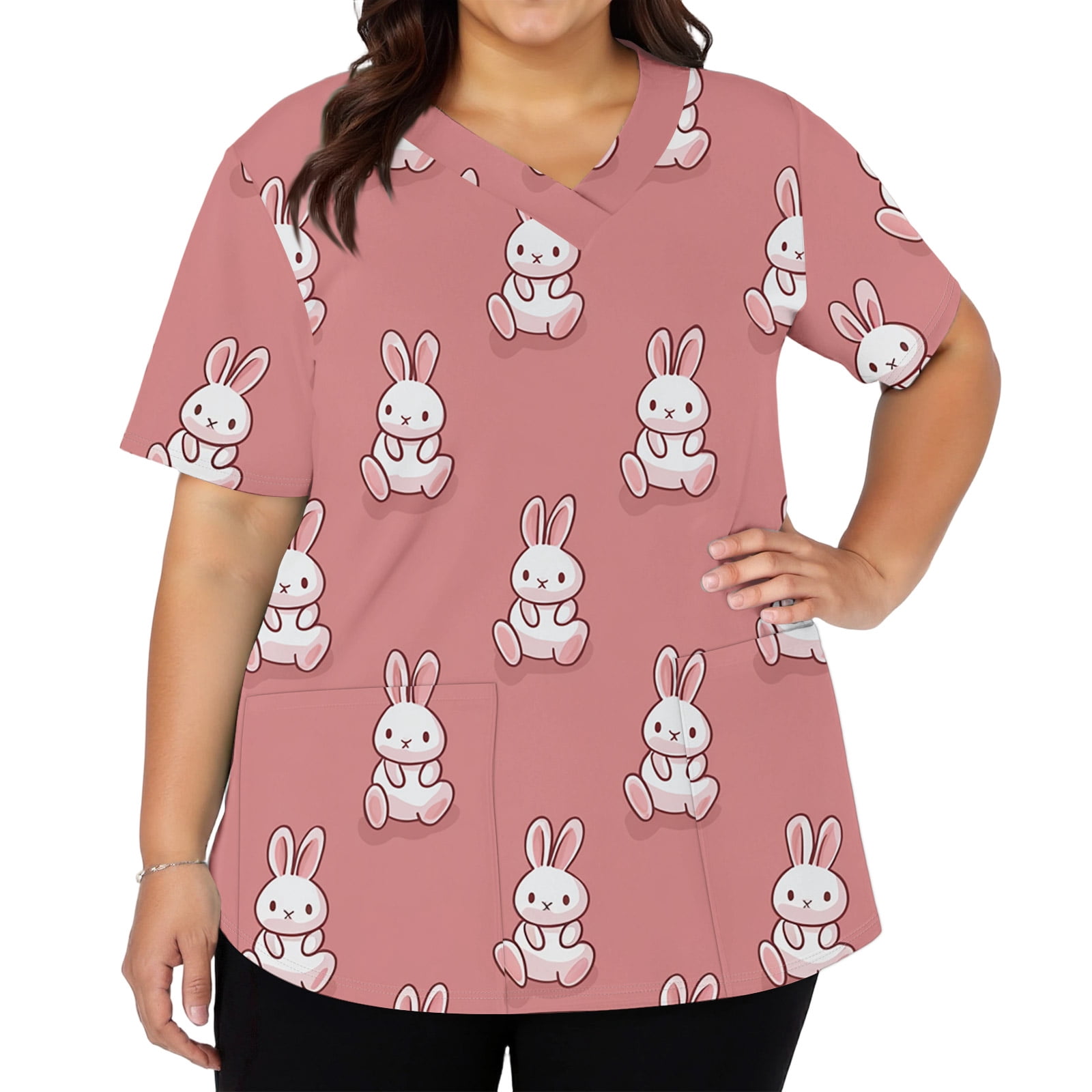 Hearthz S-5XL Easter Womens Scrub Top Bunny Colorful Eggs Print Scrub ...