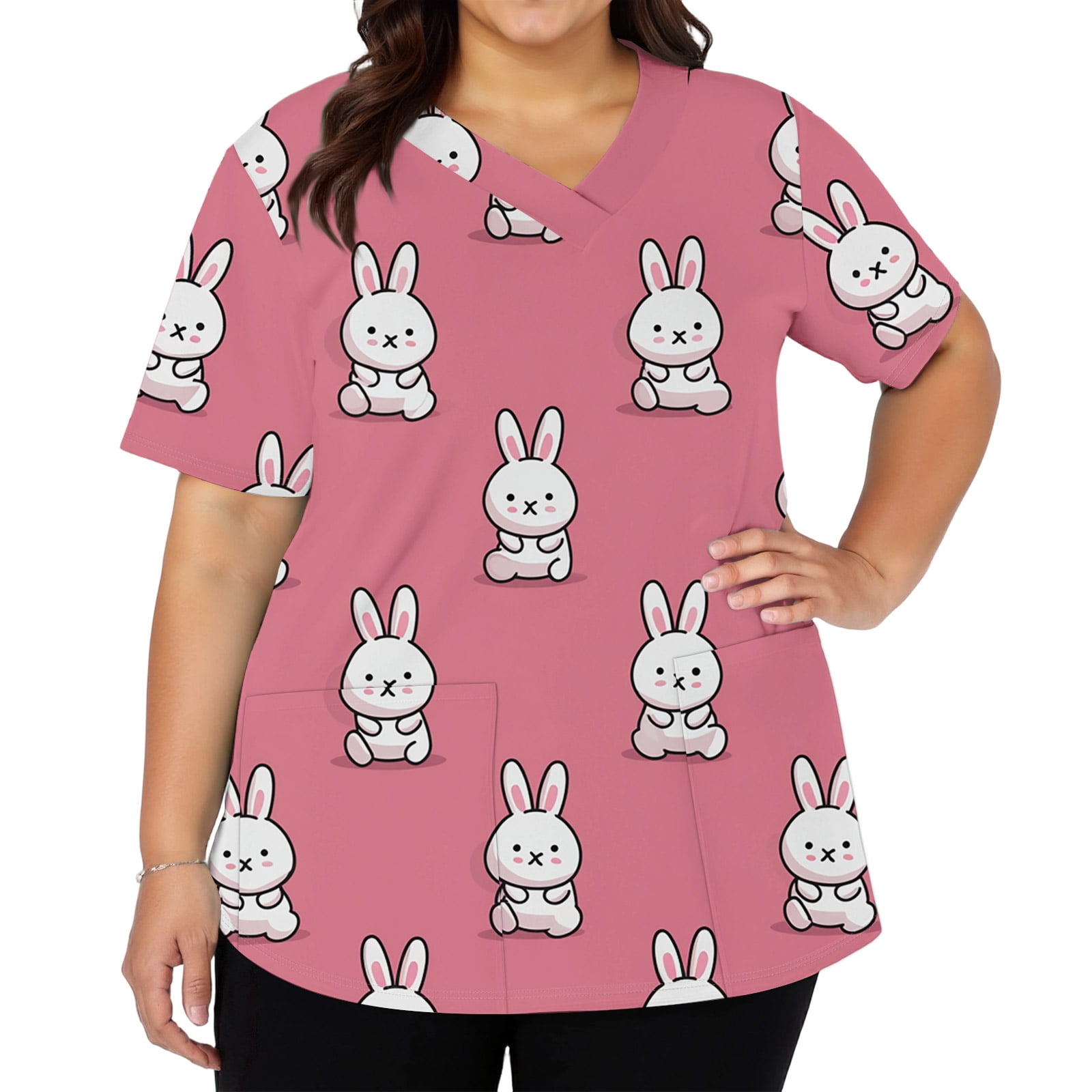 Hearthz S-5XL Easter Womens Scrub Tops Stretchy Bunny Colorful Eggs ...
