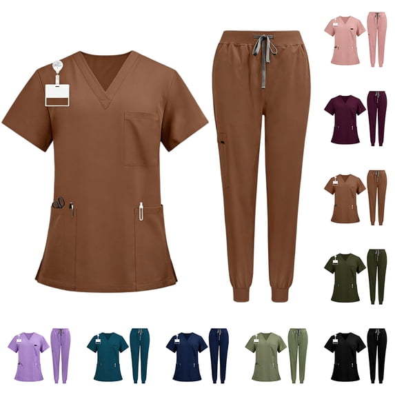Hearthz Scrub Sets for Woman Stretch V-Neck Top & Straight Leg Pants ...