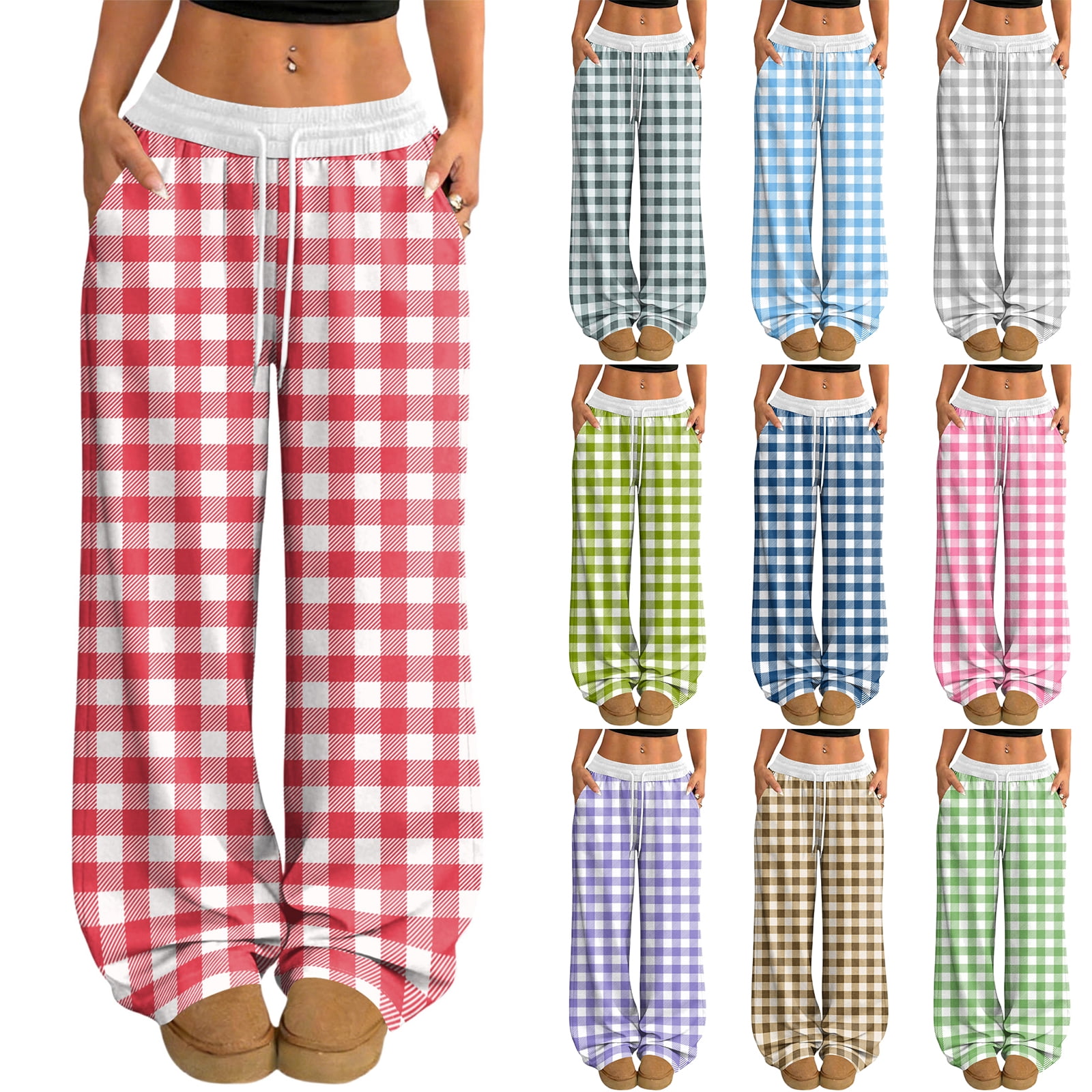 Hearthz Women's Plaid Pants Wide Leg Baggy Pajama Pants Drawstring ...