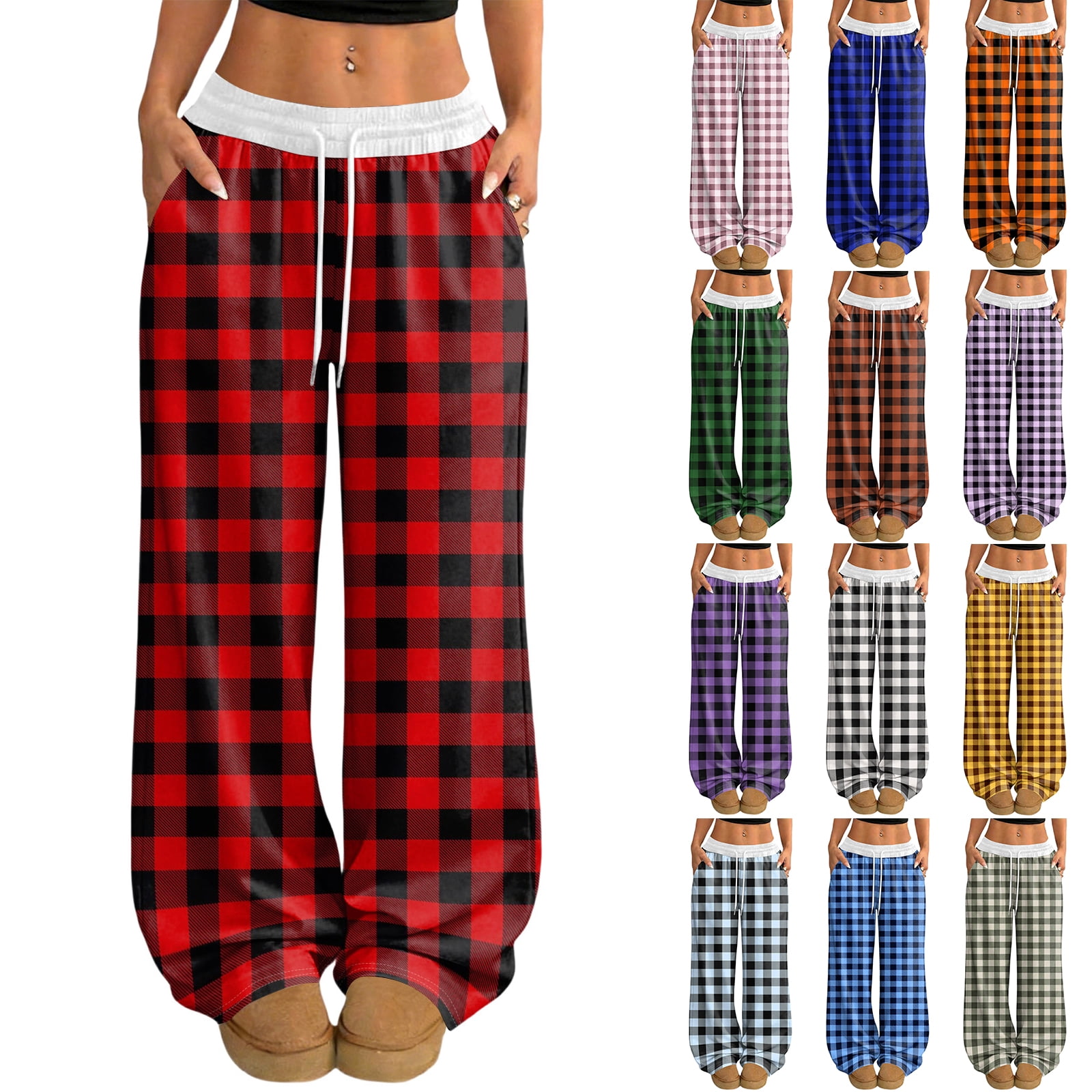 Hearthz Women's Plaid Pants Wide Leg Baggy Woman Pajama Pants ...
