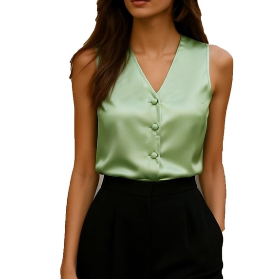 Hearthz Womens Sleeveless Button V Neck Shirt Silky Satin Blouse ...