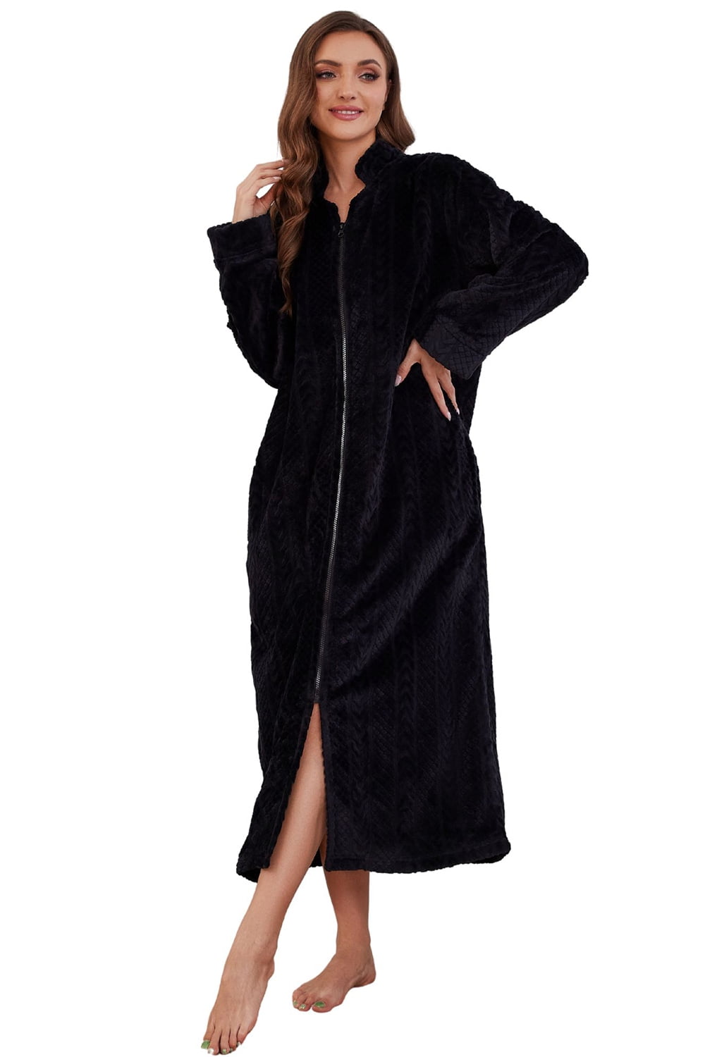 Heartnice Women Plush Zipper Robe, Long Fleece House Coat Nightgown with Pockets Solid Bathrobe ...