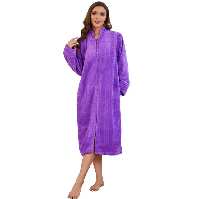 Heartnice Women Plush Zipper Robe, Long Fleece House Coat Nightgown with Pockets Solid Bathrobe ...