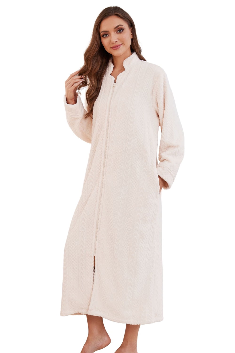 Heartnice Women Plush Zipper Robe, Long Fleece House Coat Nightgown with Pockets Solid Bathrobe ...