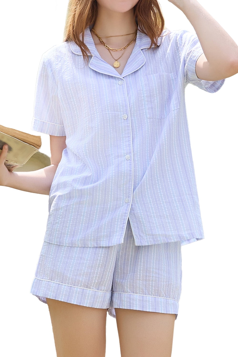 Heartnice Women's 100% Cotton Gingham Plaid Short Pajama Set Cute 2 ...
