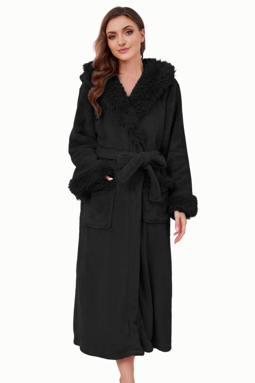 Heartnice Womens Hooded Plush Long Robe, Soft Warm Fleece Bathrobe for ...
