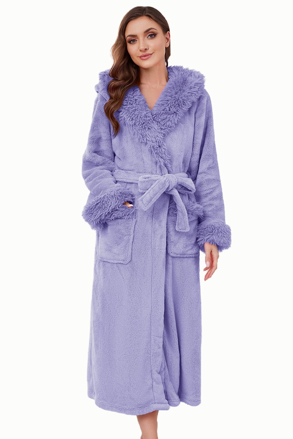 Heartnice Womens Hooded Plush Long Robe, Soft Warm Fleece Bathrobe for ...