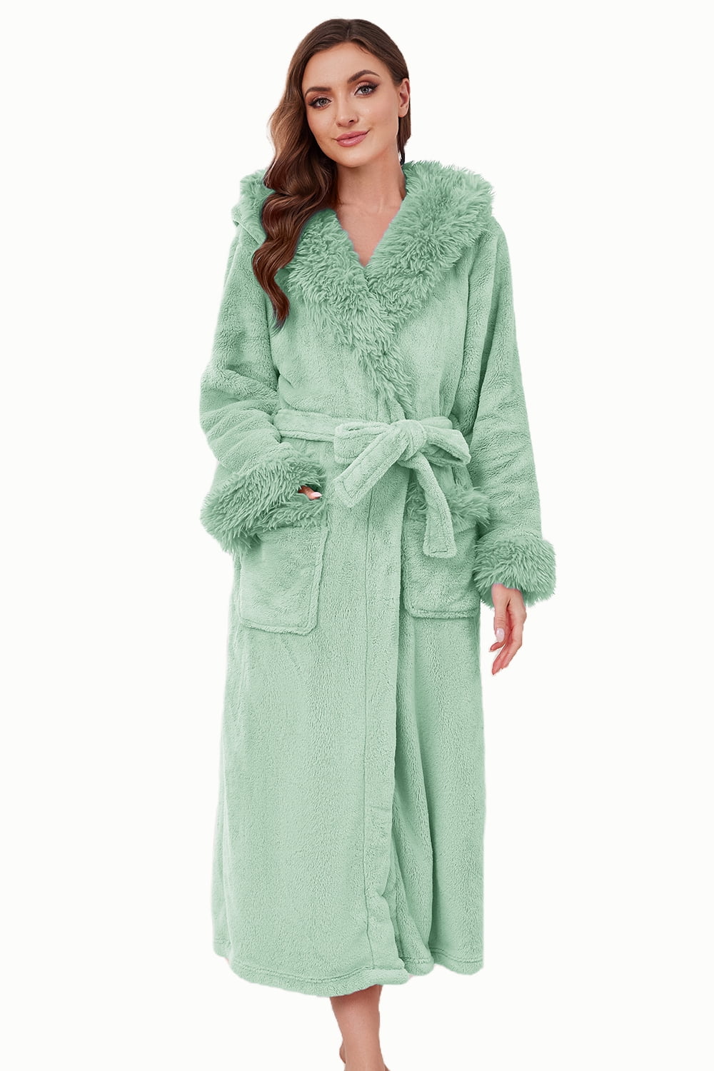 Heartnice Womens Hooded Plush Long Robe, Soft Warm Fleece Bathrobe for ...