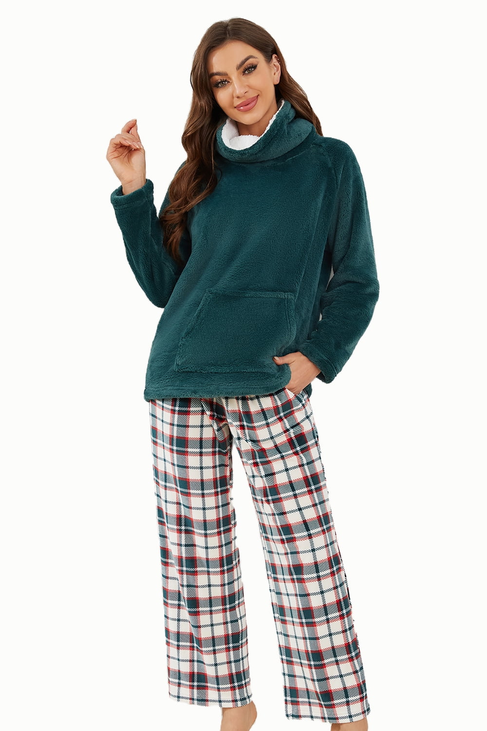 Heartnice Womens Ultra Soft Plush Plaid Pajamas Set Fluffy Loungewear ...