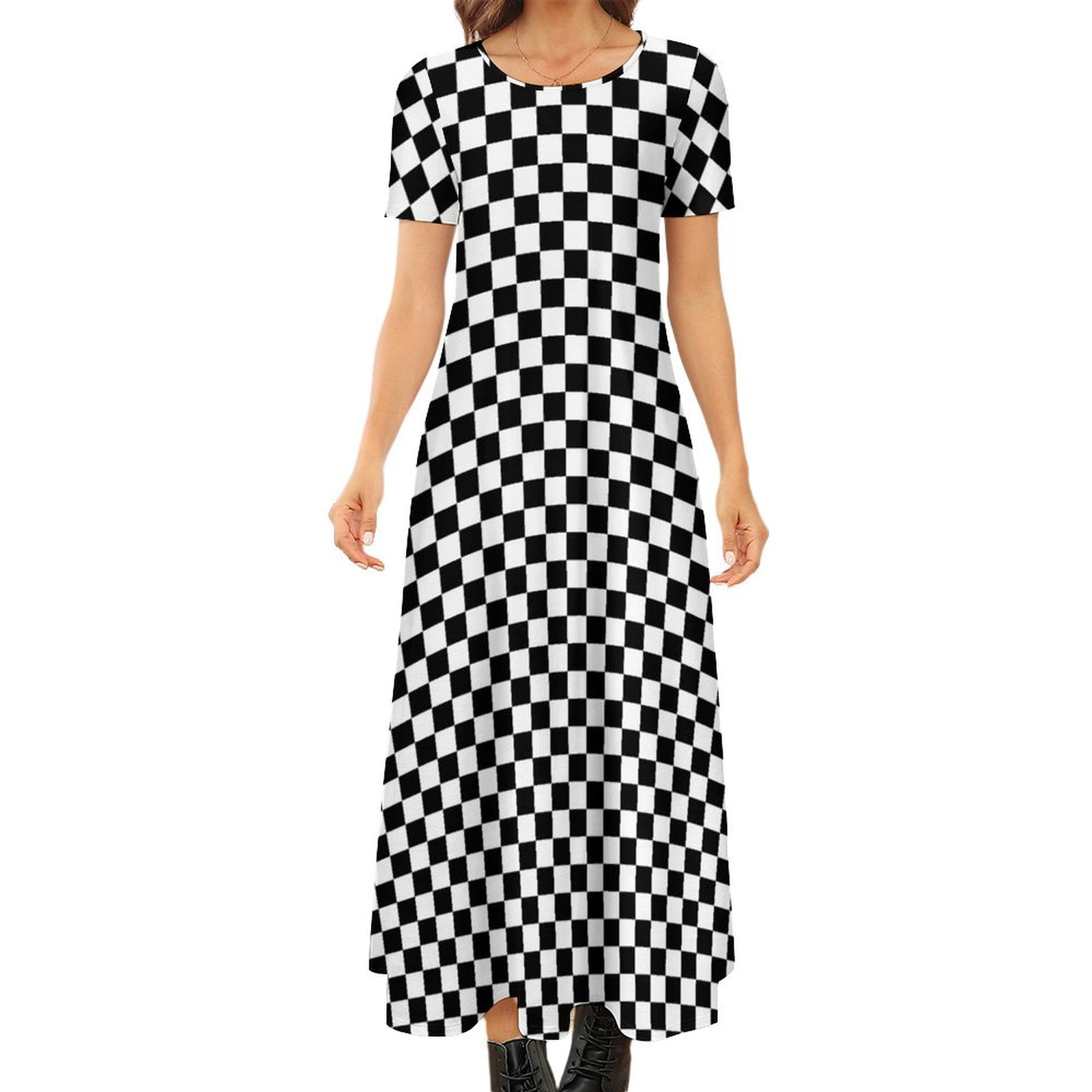 Hearts Check Print Dress Black White Party Maxi Dress Short Sleeve ...