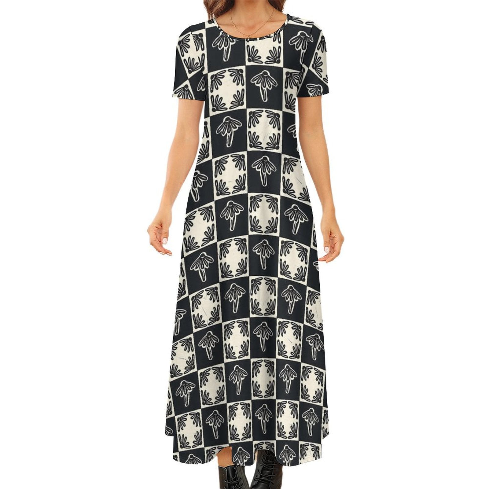 Hearts Check Print Dress Black White Party Maxi Dress Short Sleeve ...