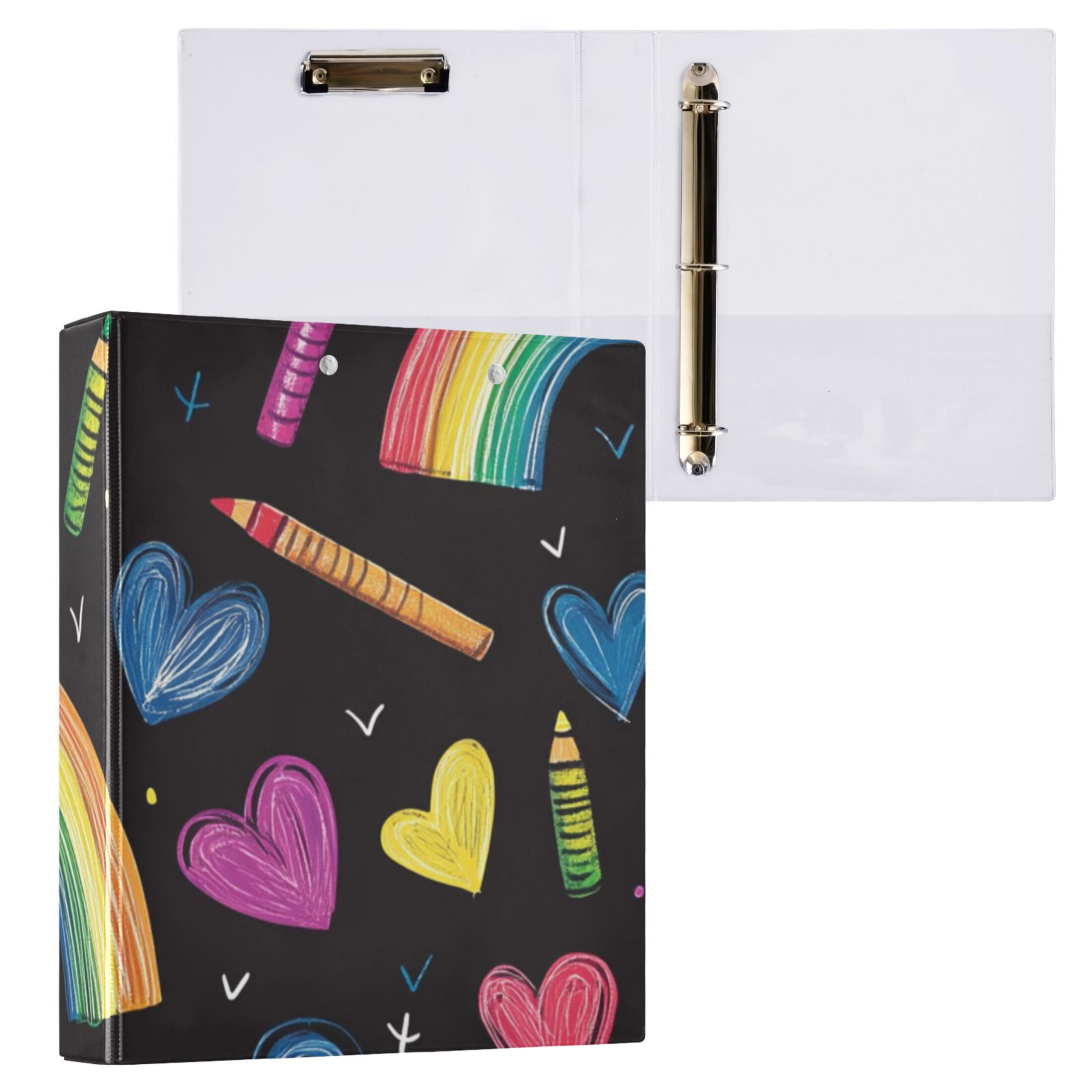 Hearts Crayons Rainbows 3 Ring Binders 1.5 inch Hardcover File Folders ...