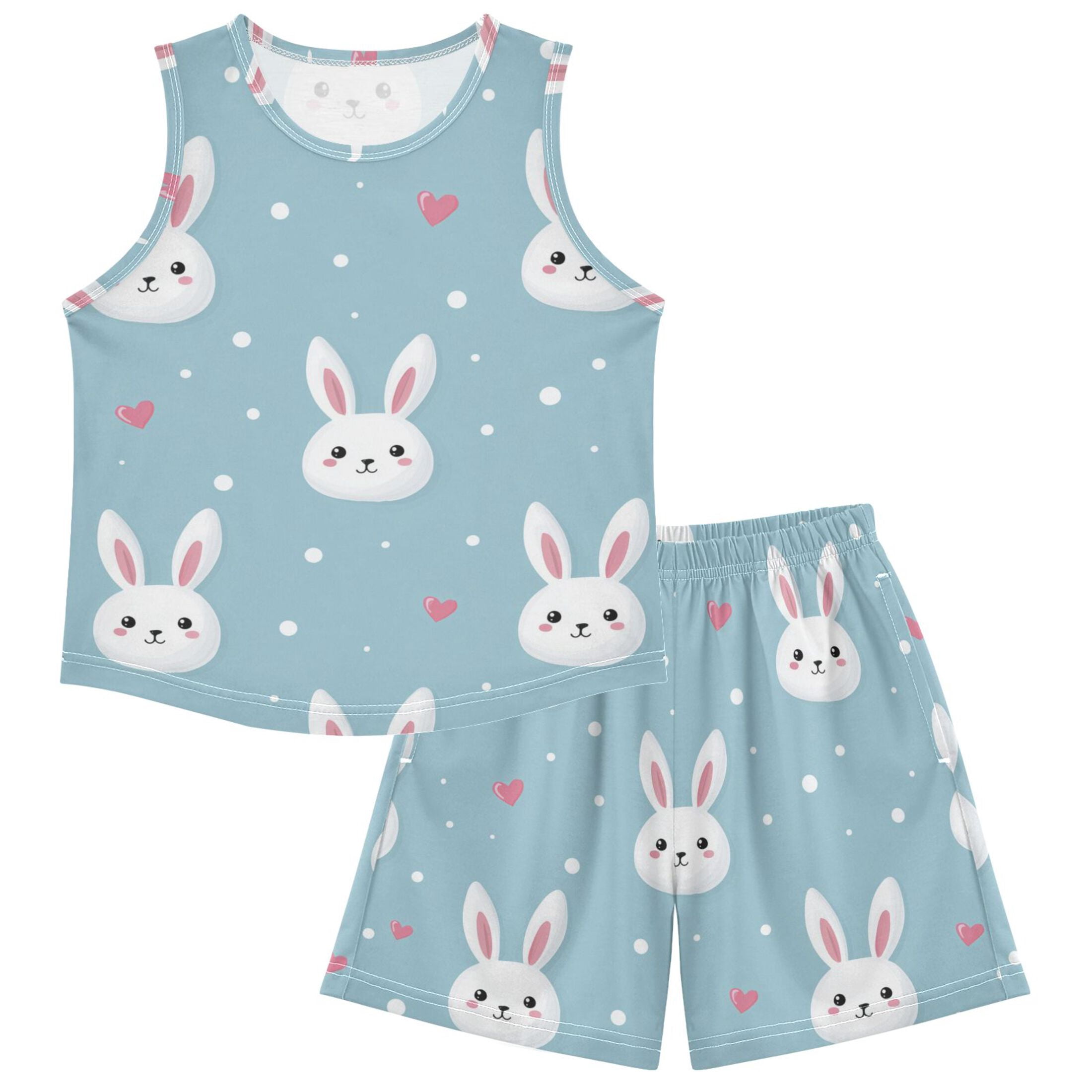 Hearts Dots Happy Rabbit Faces Valentine Pajamas Set Sleeveless ...
