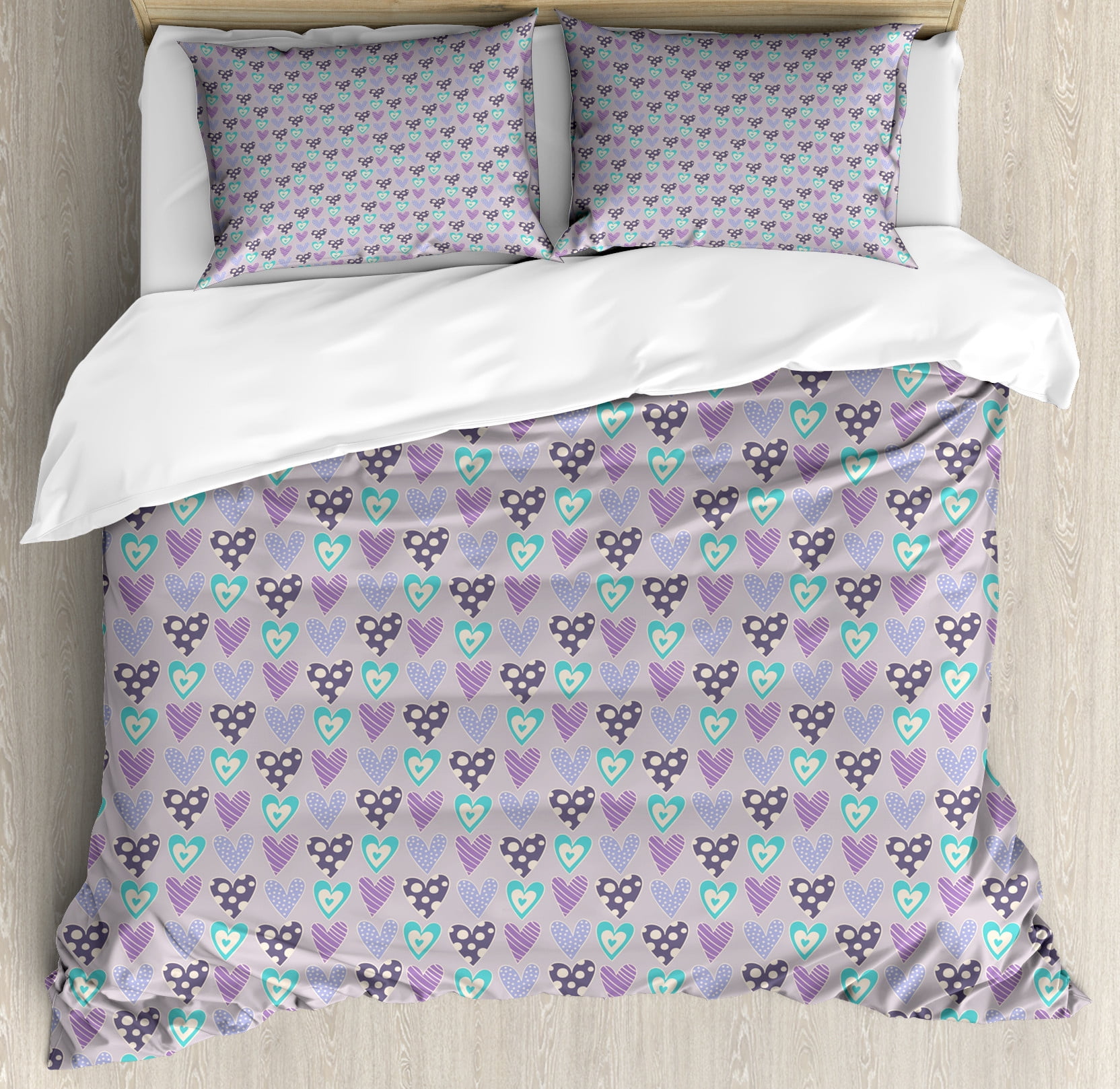 Hearts Duvet Cover Set, Drawing Illustration of Rhythmic Romance Motifs ...