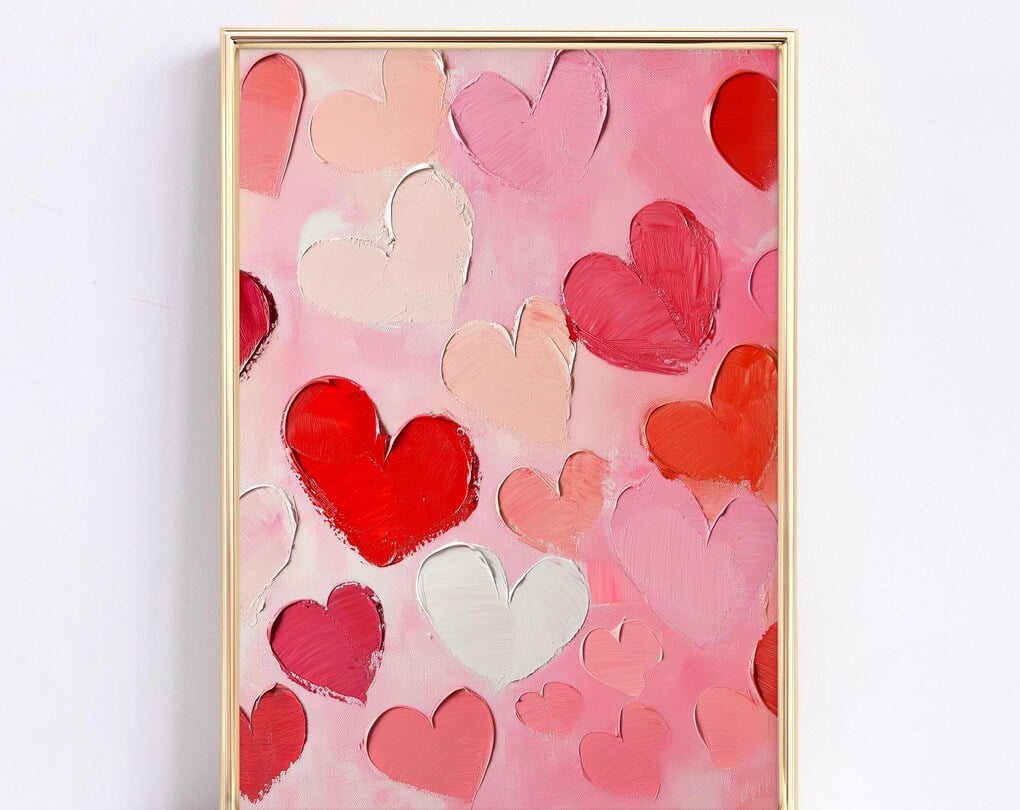 Hearts Painting, Colorful Valentines Day Printable, Pink Red Heart ...