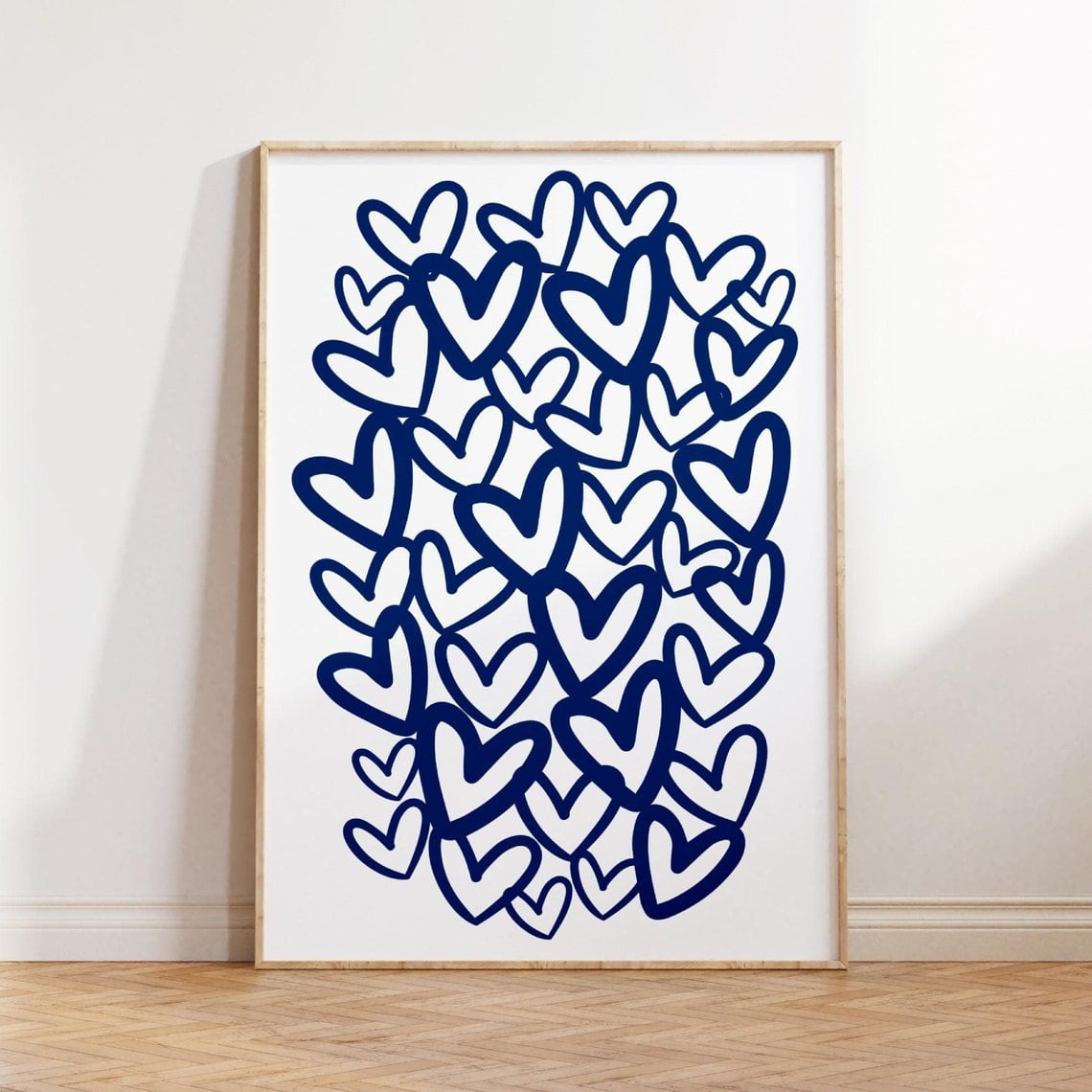 Hearts Print, Navy Blue Preppy Wall Art, Graffiti Hearts Colorful ...