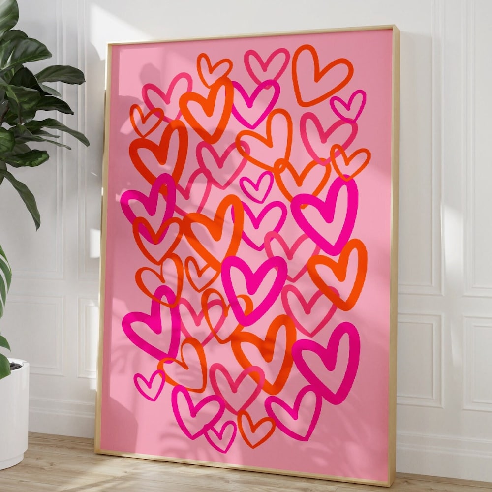 Hearts Print Pink Orange Preppy Wall Art Graffiti Hearts Colorful ...