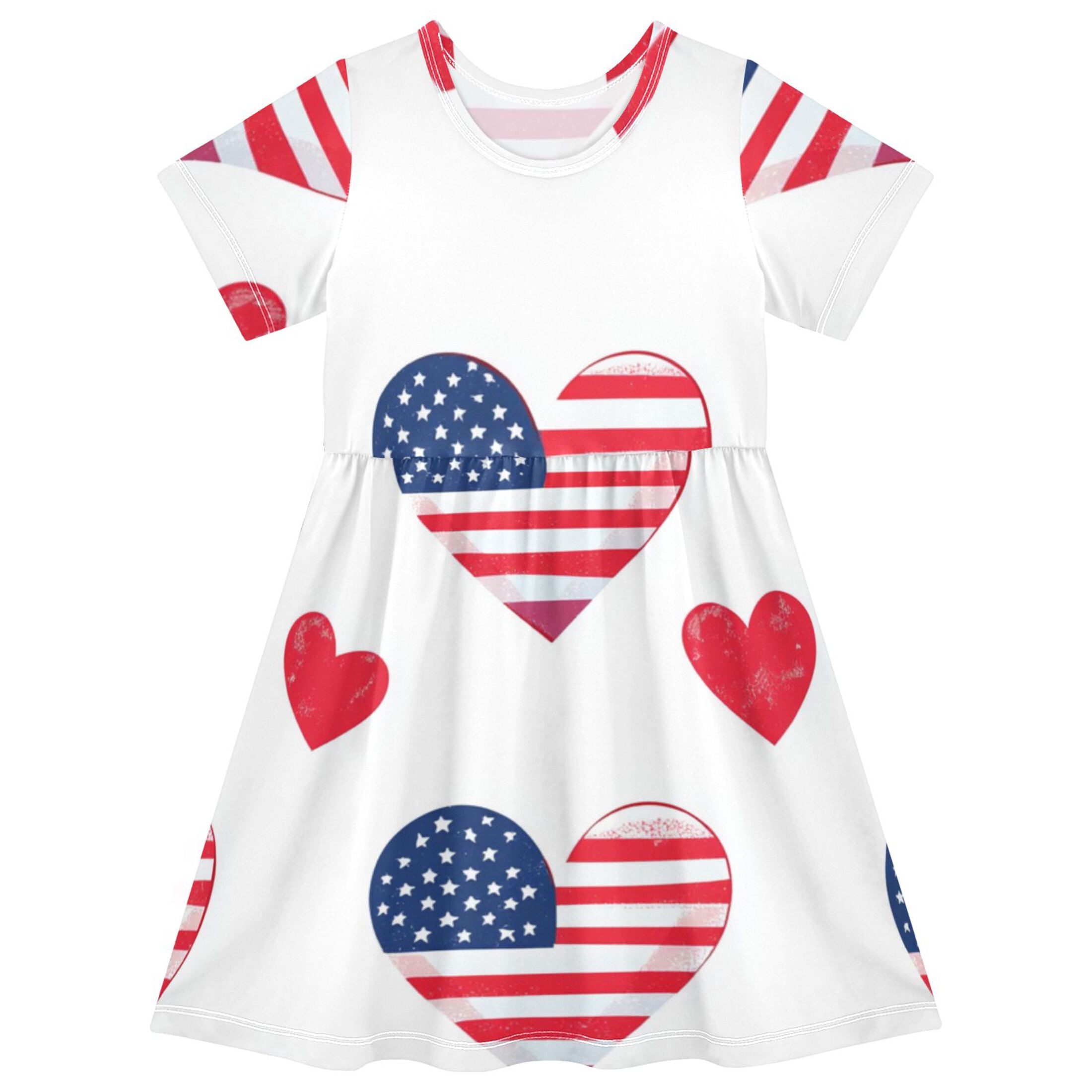 Hearts with Flag Pattern Design Independence Day Girls' Short Sleeve Dress A-Line One-Piece ...