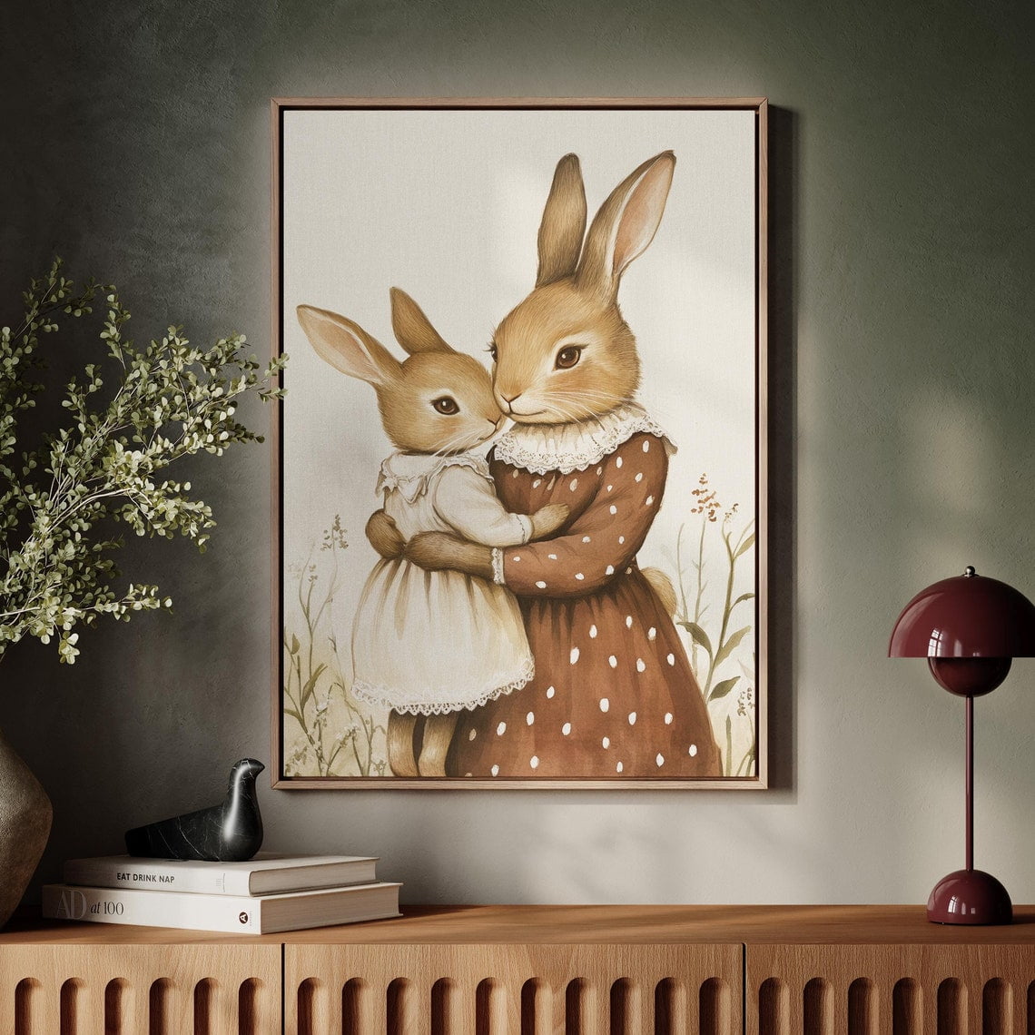 Heartwarming Illustration Of Mother And Baby Bunny Hugging In Vintage ...