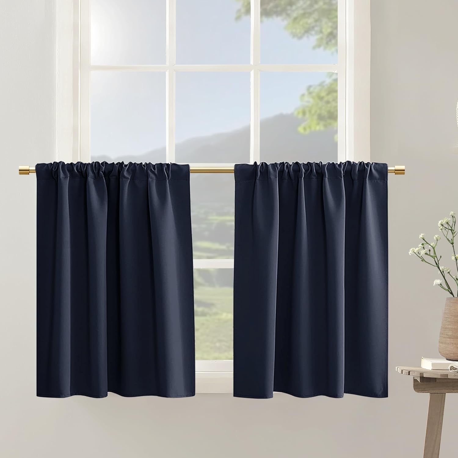 Heat Blocking Blackout Navy Blue Kitchen Cafe Curtains 30 Inch Length ...