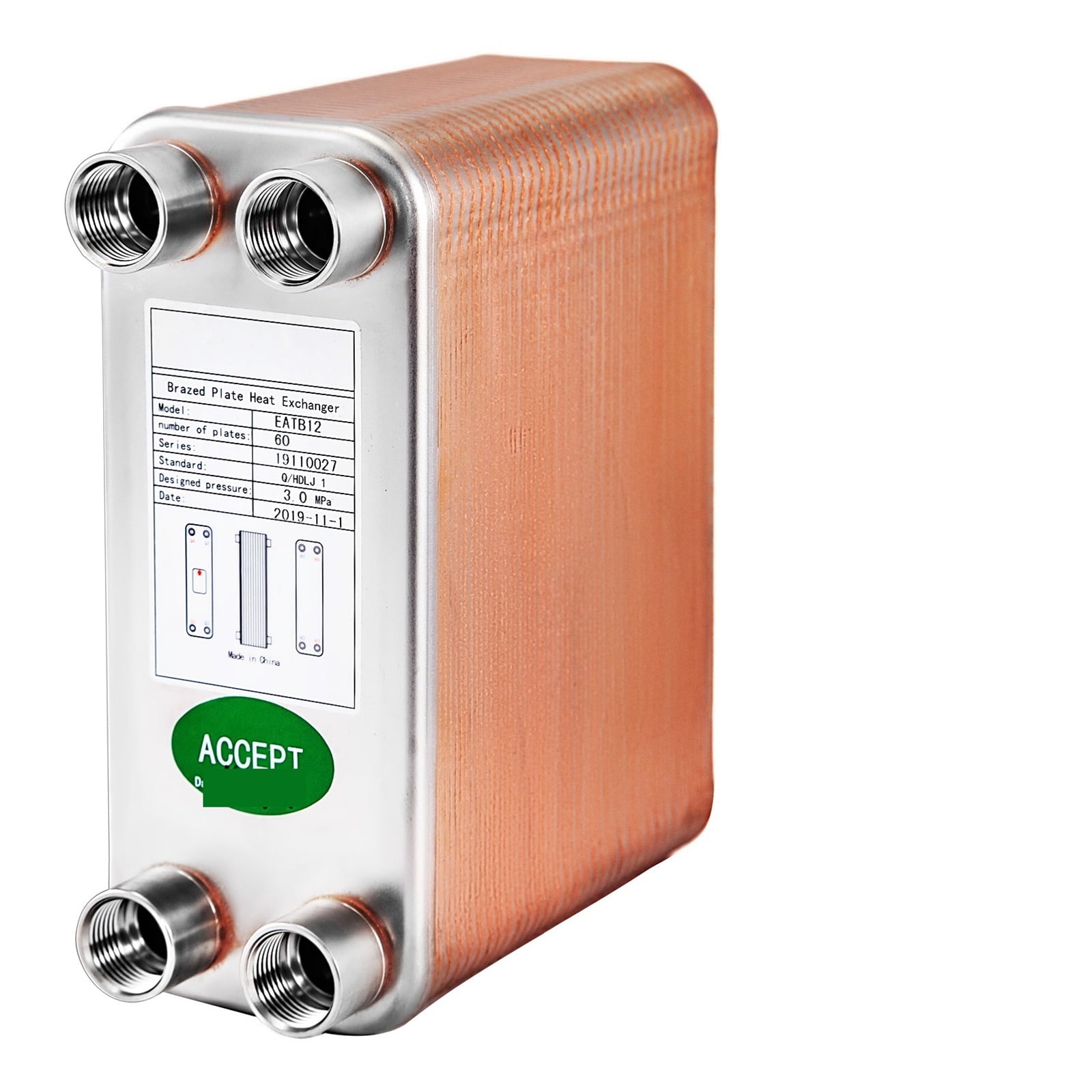 Heat Exchanger 3\"x7.5\" 60 Plates Brazed 316L 1/2\" BSP FPT Heat ...