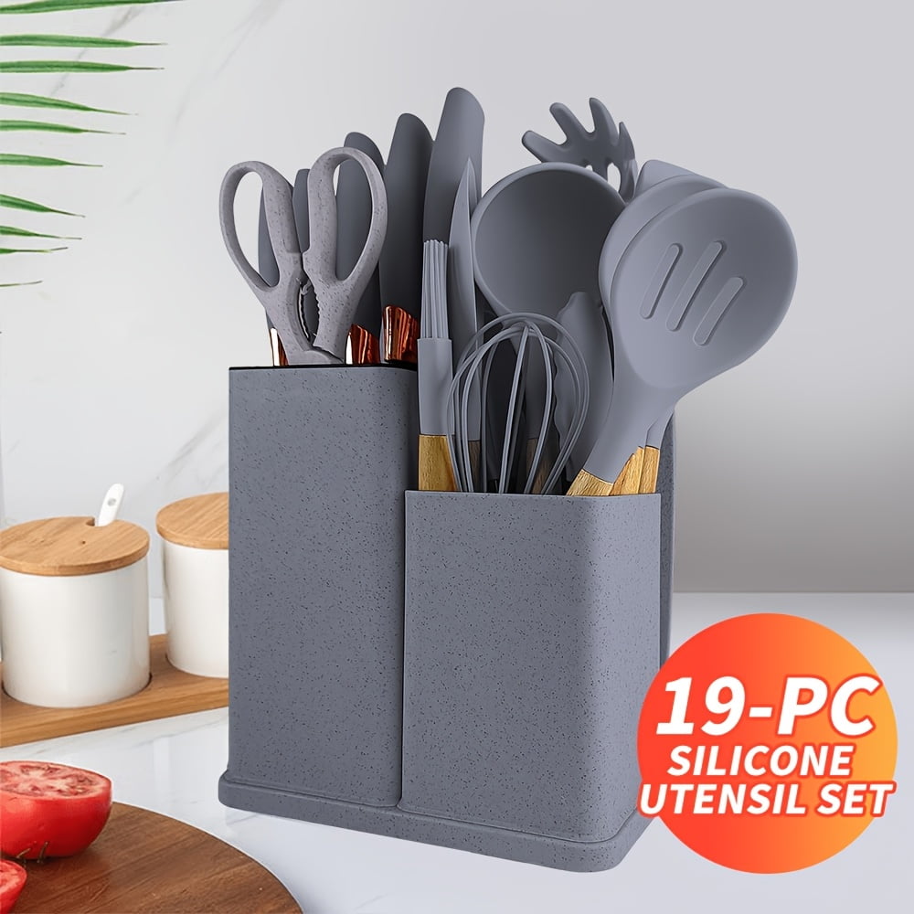 Heat-Resistant 19pcs Silicone Kitchen Utensil Set with Wooden Handles ...