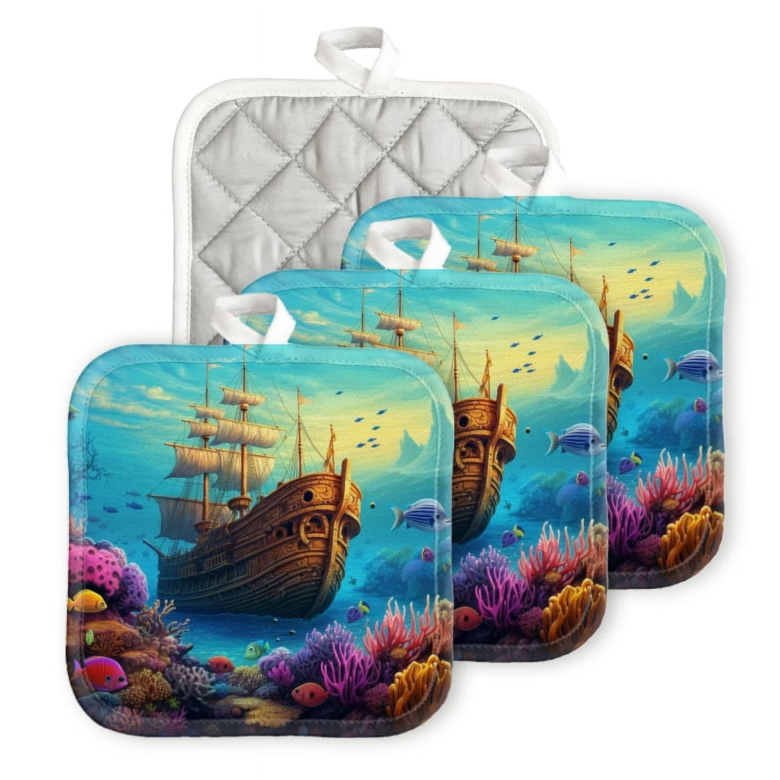 Bahomeck Pot Holder 4Pcs,Pirate Ship Adrift In The Ocean Surrounded By ...