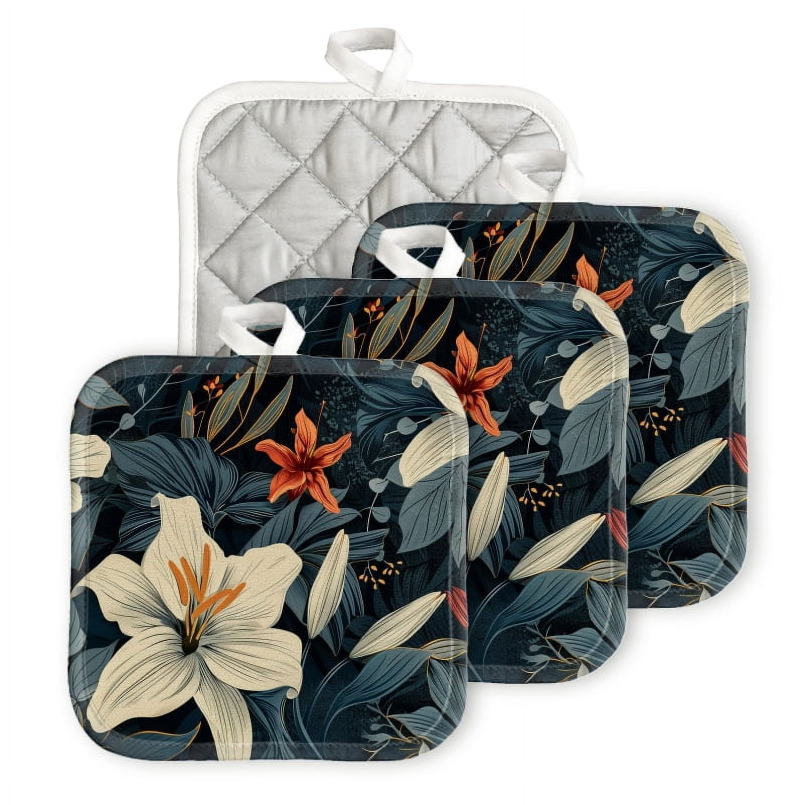 Bahomeck Pot Holder 4Pcs,White Lilies And Dark Navy Blue Leaves With ...